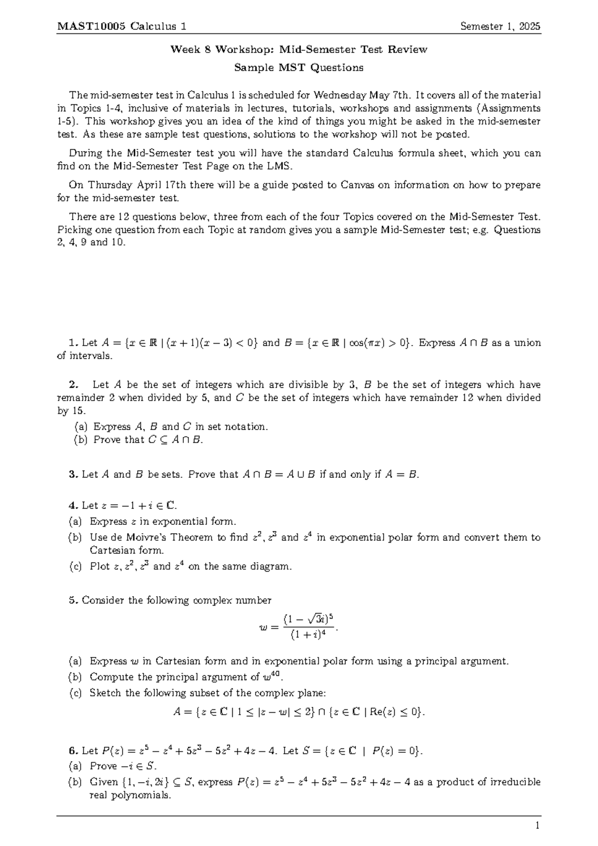 Calculus 1 (MST) Week 8 Workshop: Test Review Sample Questions - Studocu