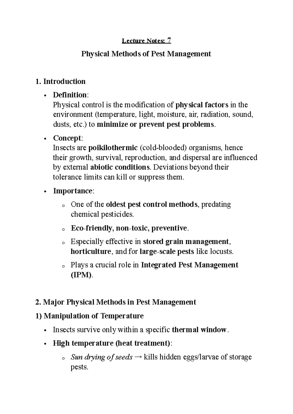 Lecture Notes: 7 Physical Methods of Pest Management - Studocu