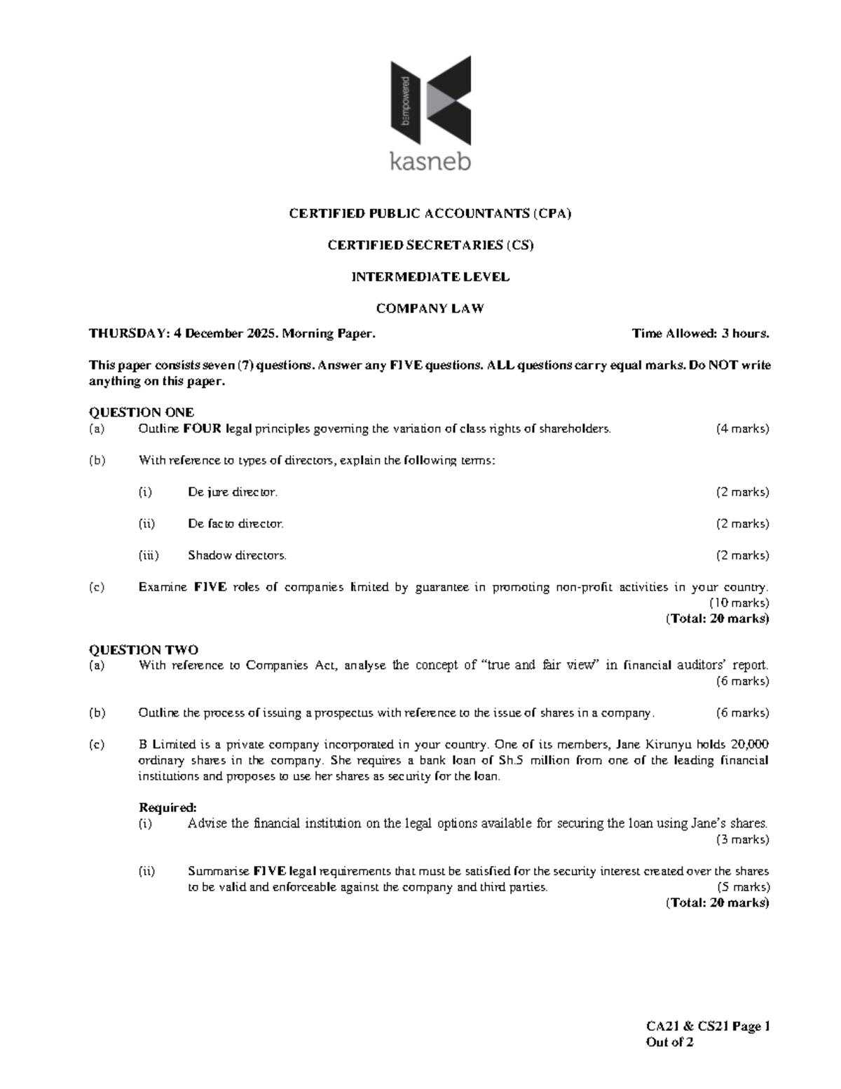 CA21 Company Law - Intermediate Level Exam Paper - 4 Dec 2025 - Studocu