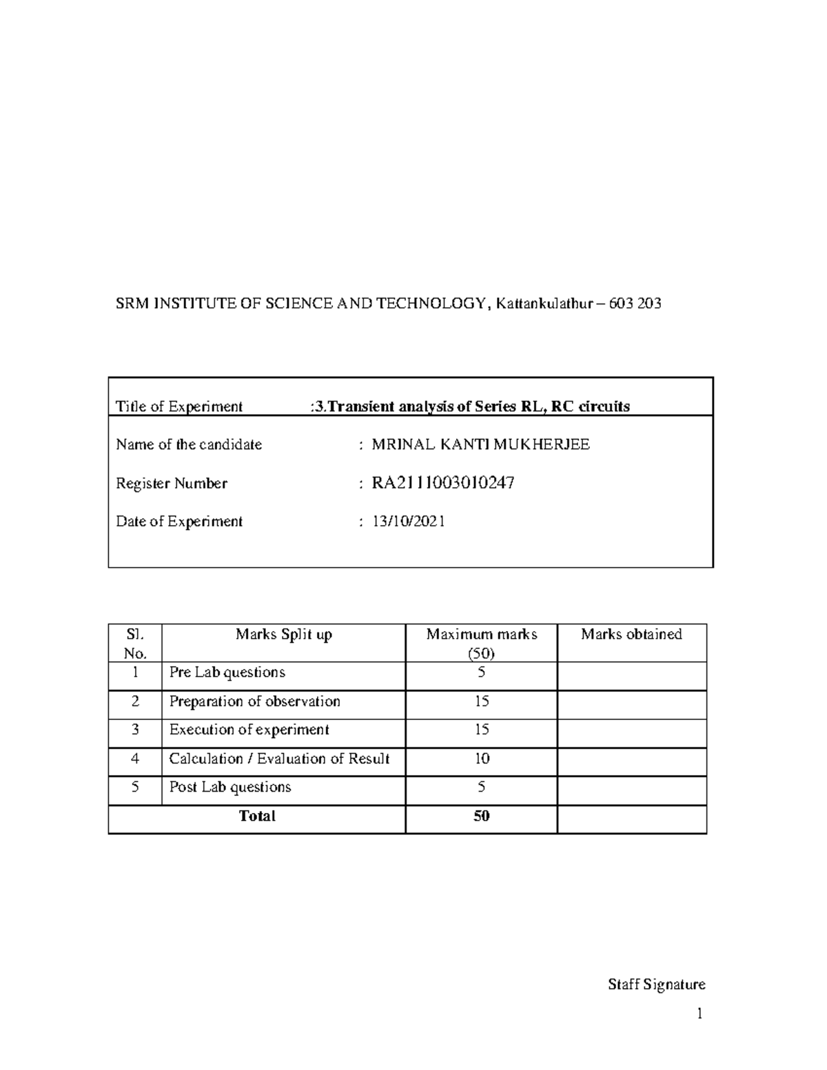 Exp 3 Transient Analysis Of Series Rl Rc Circuits Srm Institute Of Science And Technology