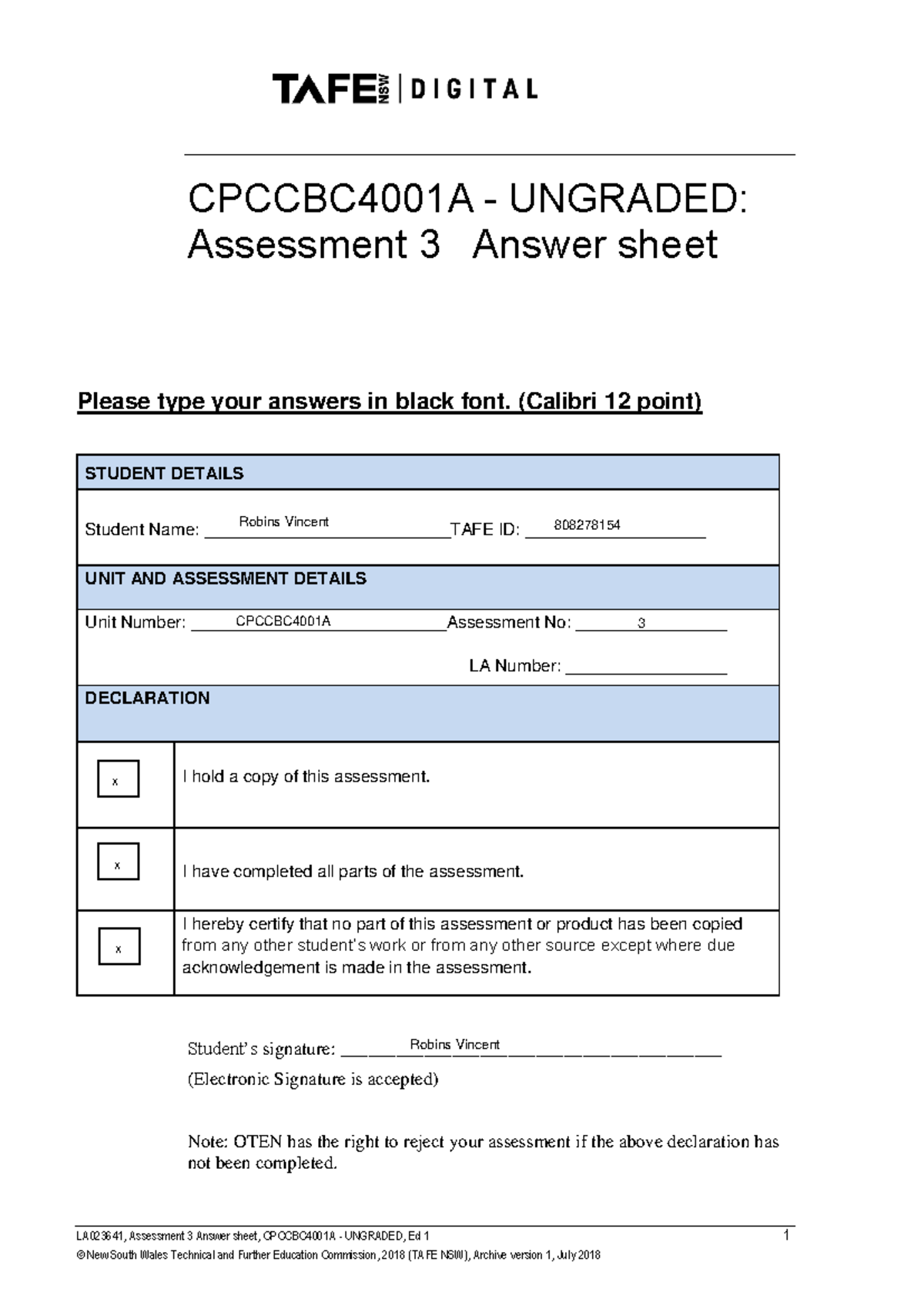 CPCCBC4001A - Assessment 3 Answer Sheet (UNGRADED) - Studocu