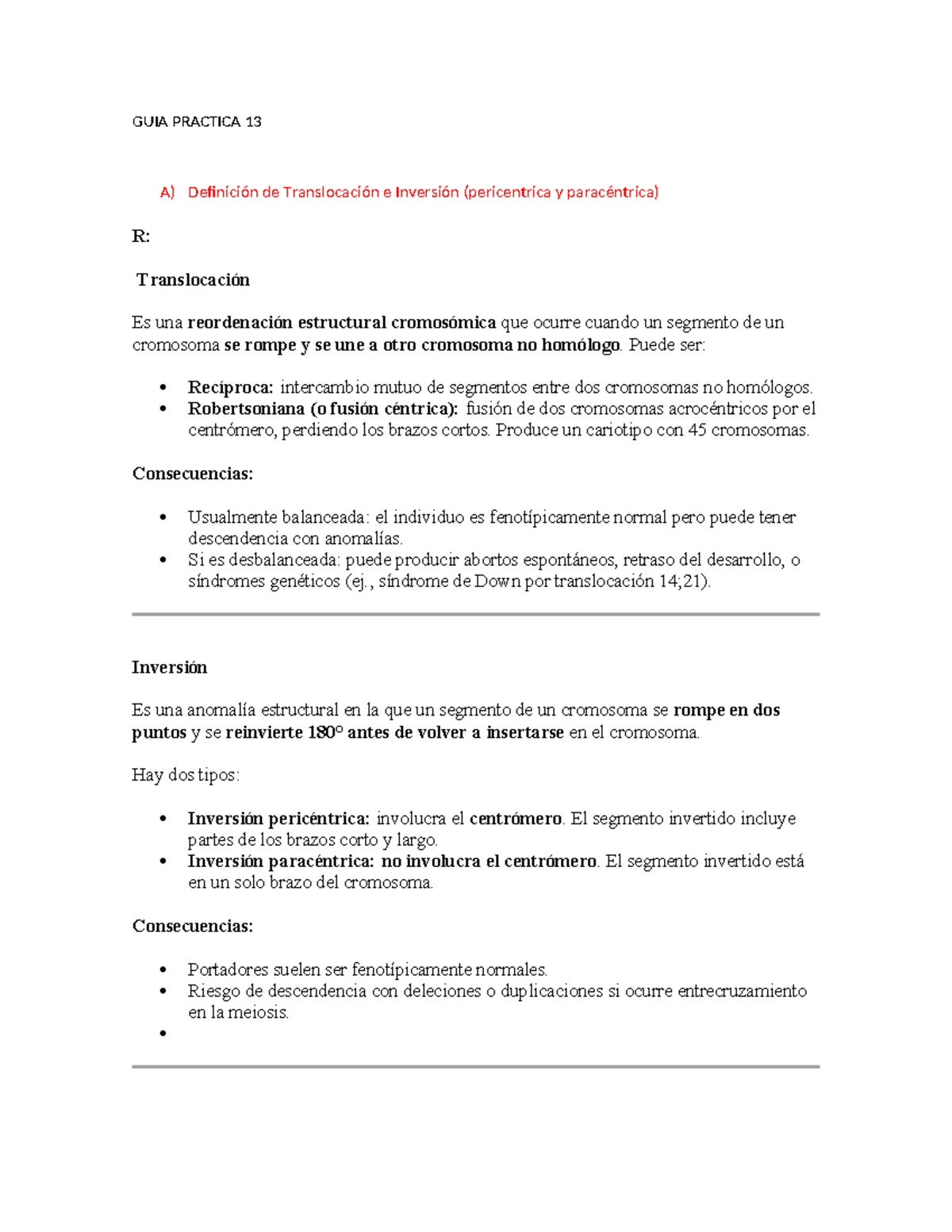 GUÍA PRÁCTICA 13: Translocación, Inversión y Alteraciones Cromosómicas ...