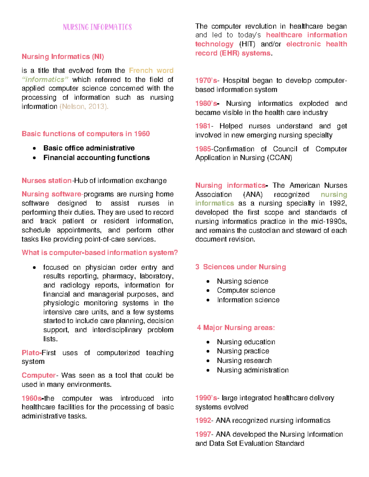 NURSING INFORMATICS (NI) Overview: Key Concepts and Developments - Studocu