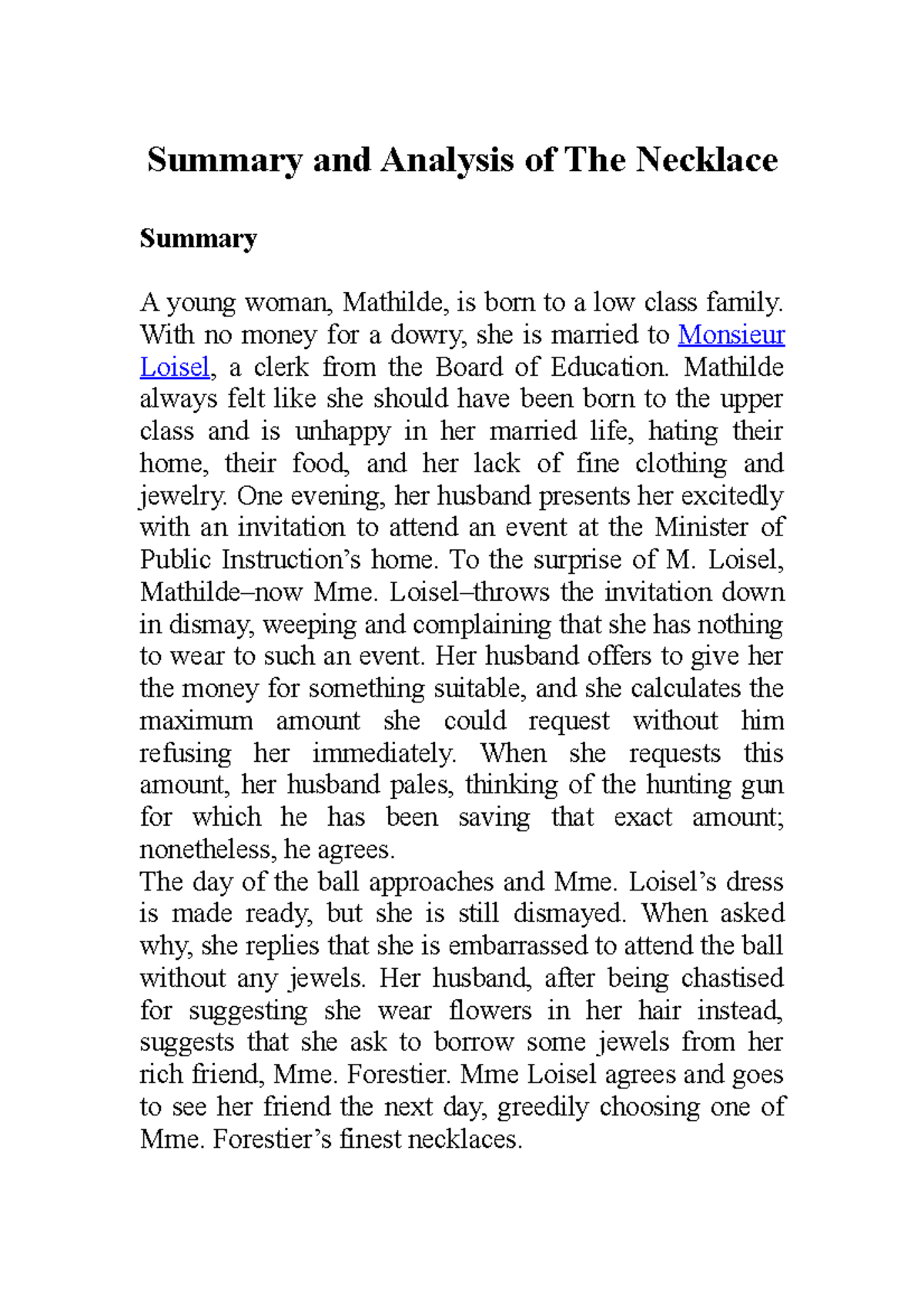 "The Necklace (Summary & Analysis) - Themes of Beauty and Irony" - Studocu