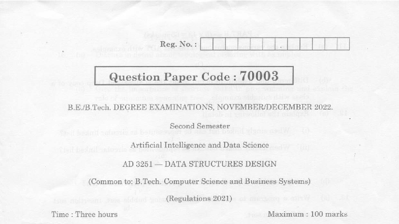 AD 3251 Final Exam Question Paper: Data Structures Design - Studocu