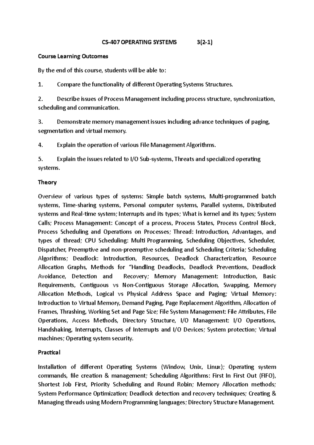 CS-407 Operating Systems Course Content Overview and Details - Studocu