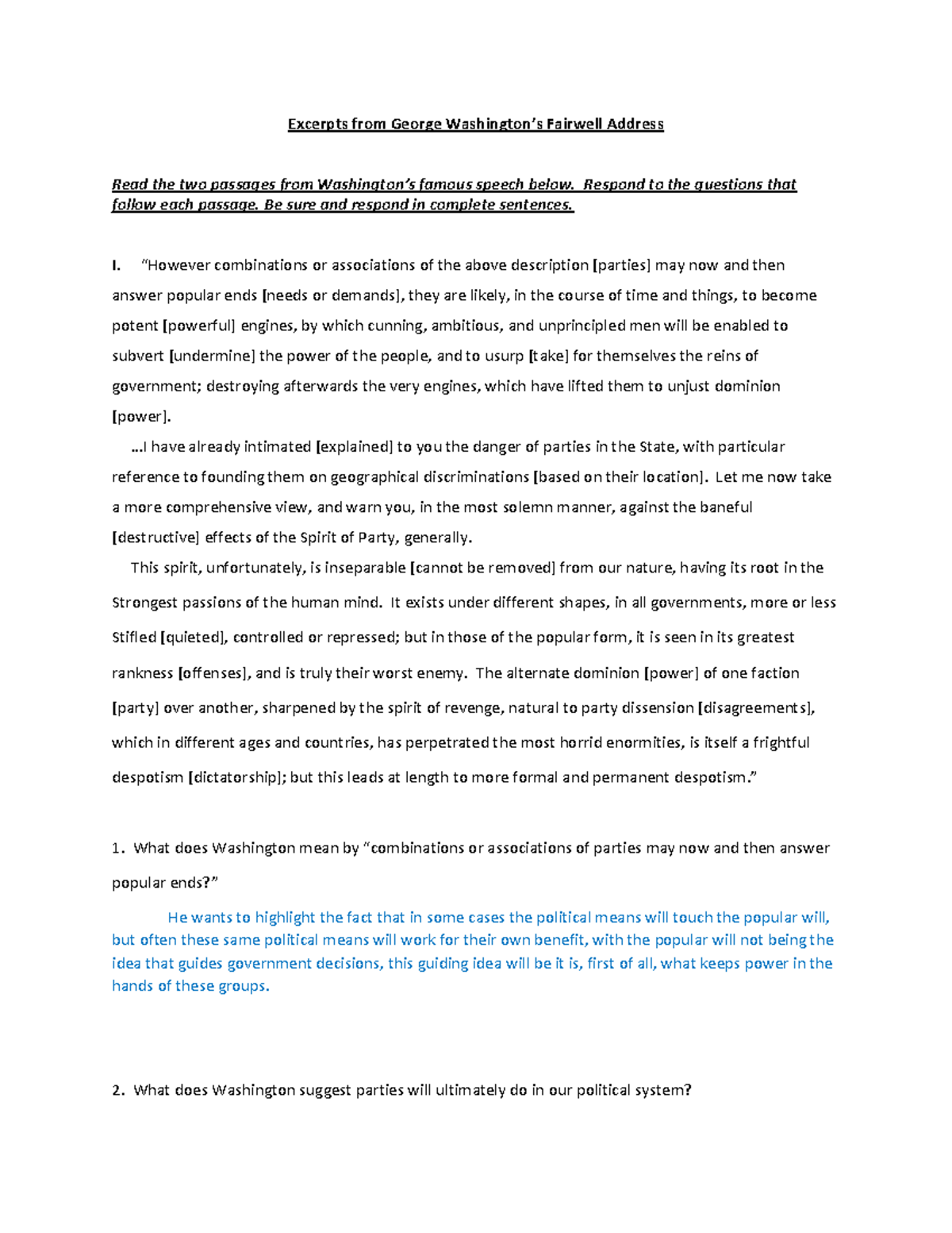 Excerpts from George Washington's Farewell Address Analysis - Studocu
