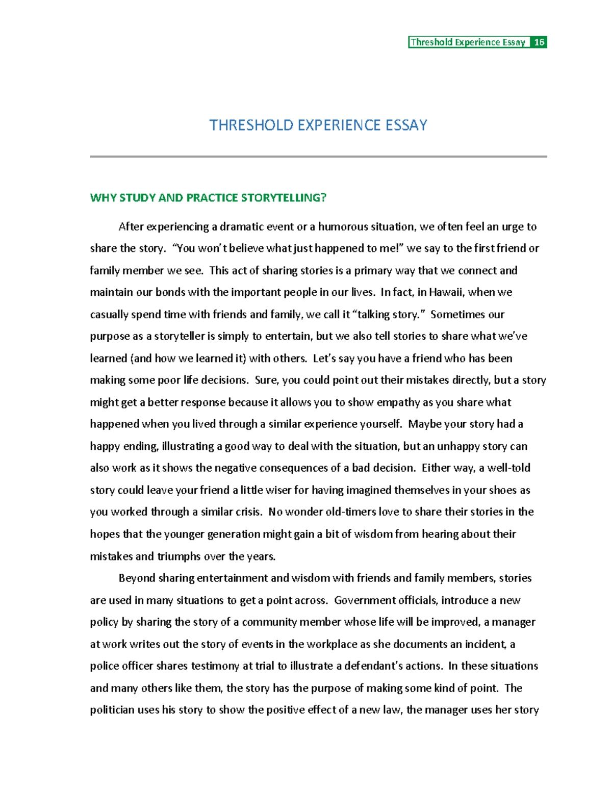 Threshold Experience Essay: Lessons from Taking a Dare 16 - Studocu
