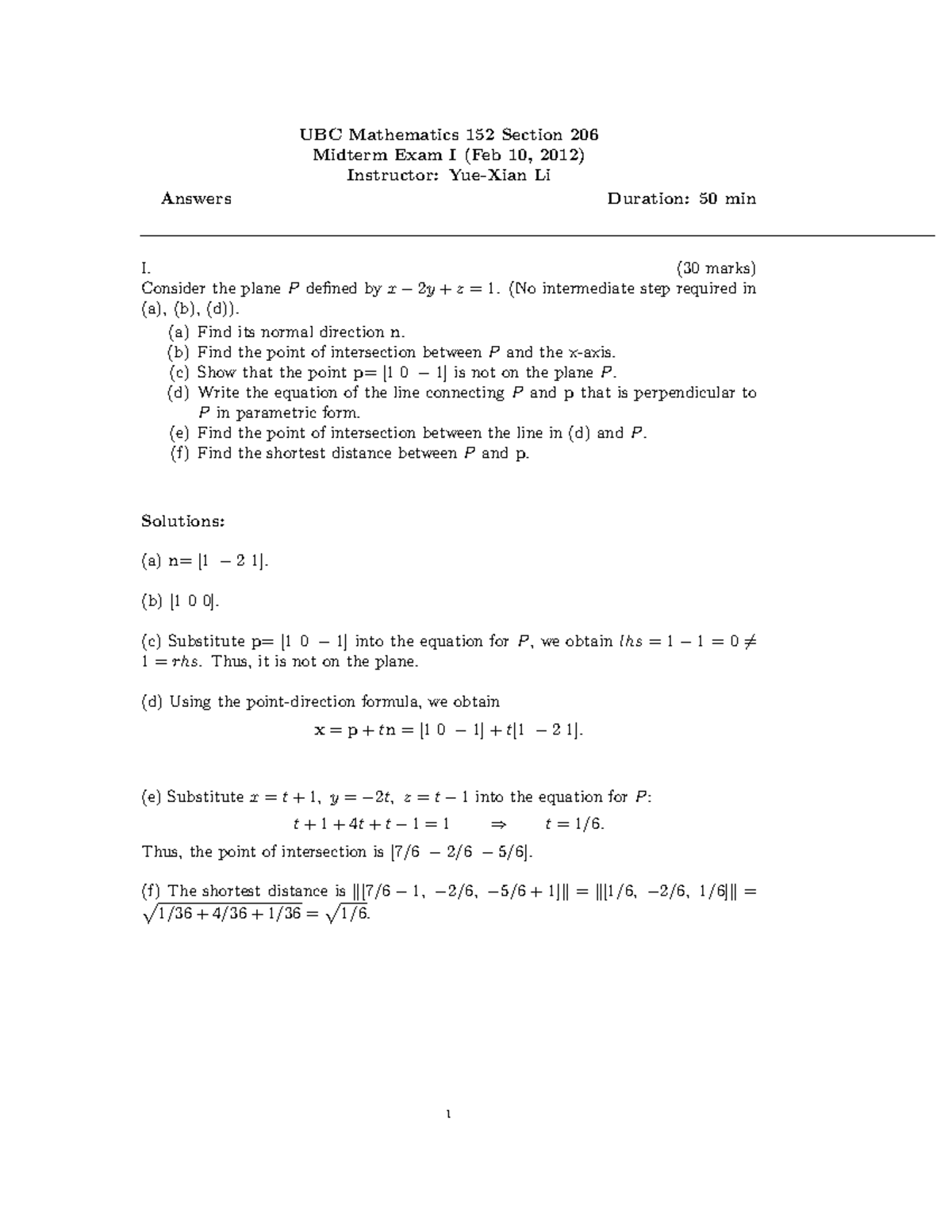 Math 152 Midterm 1 - UBC Mathematics 152 Section 206 Midterm Exam I (Feb 10, 2012) Instructor ...