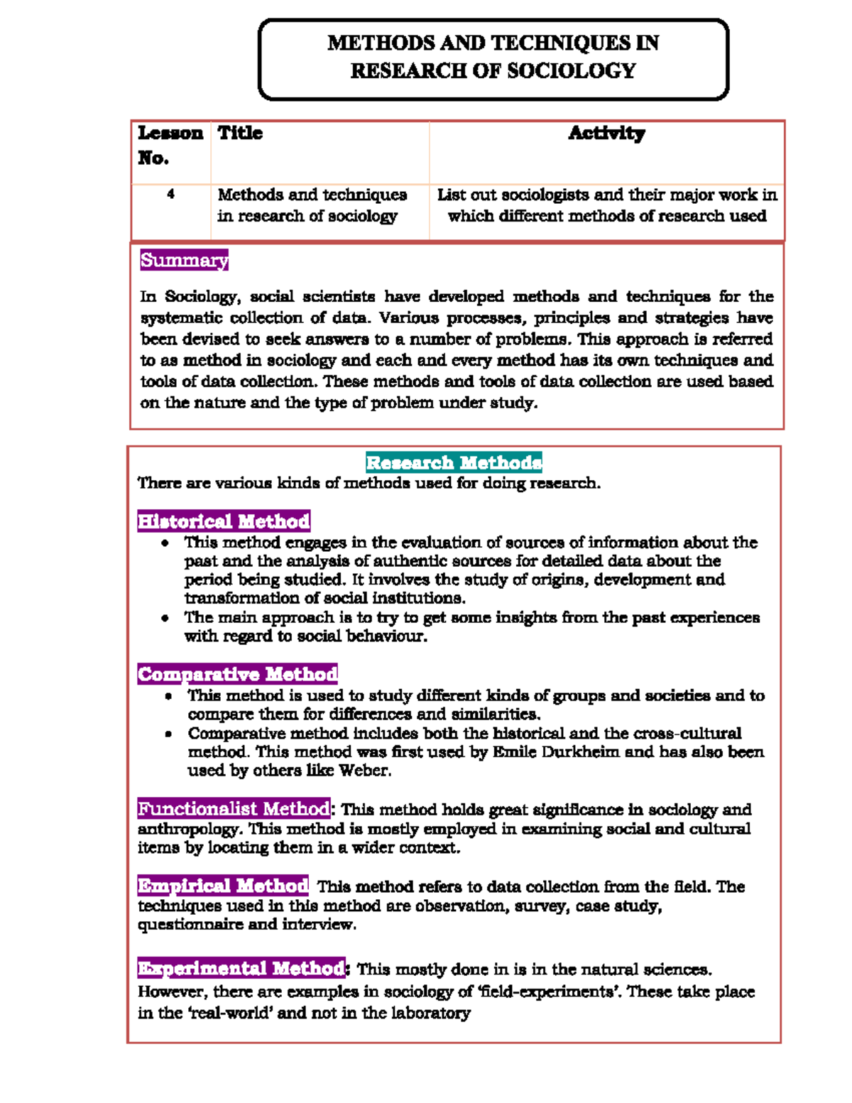 Sociology 101: Methods & Techniques in Research - Lesson 4 Notes - Studocu