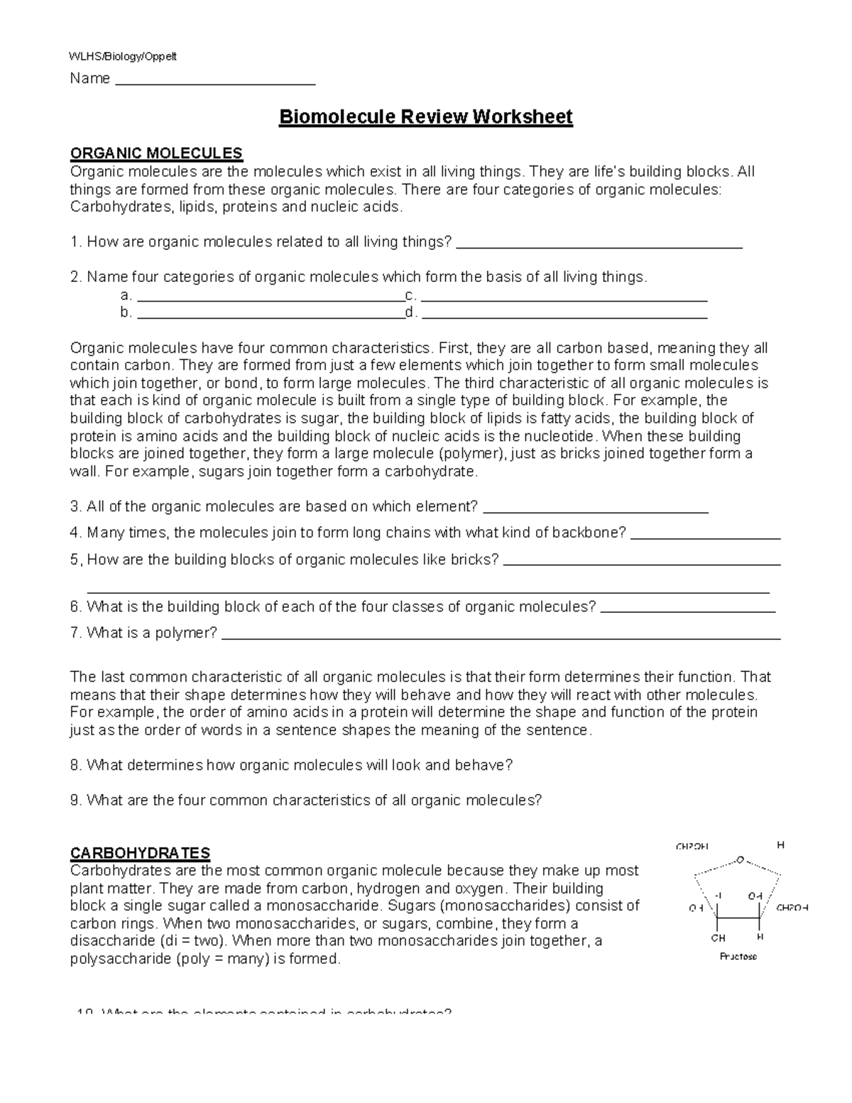 Biomolecule Review Worksheet - WLHS/Biology Exam Notes - Studocu