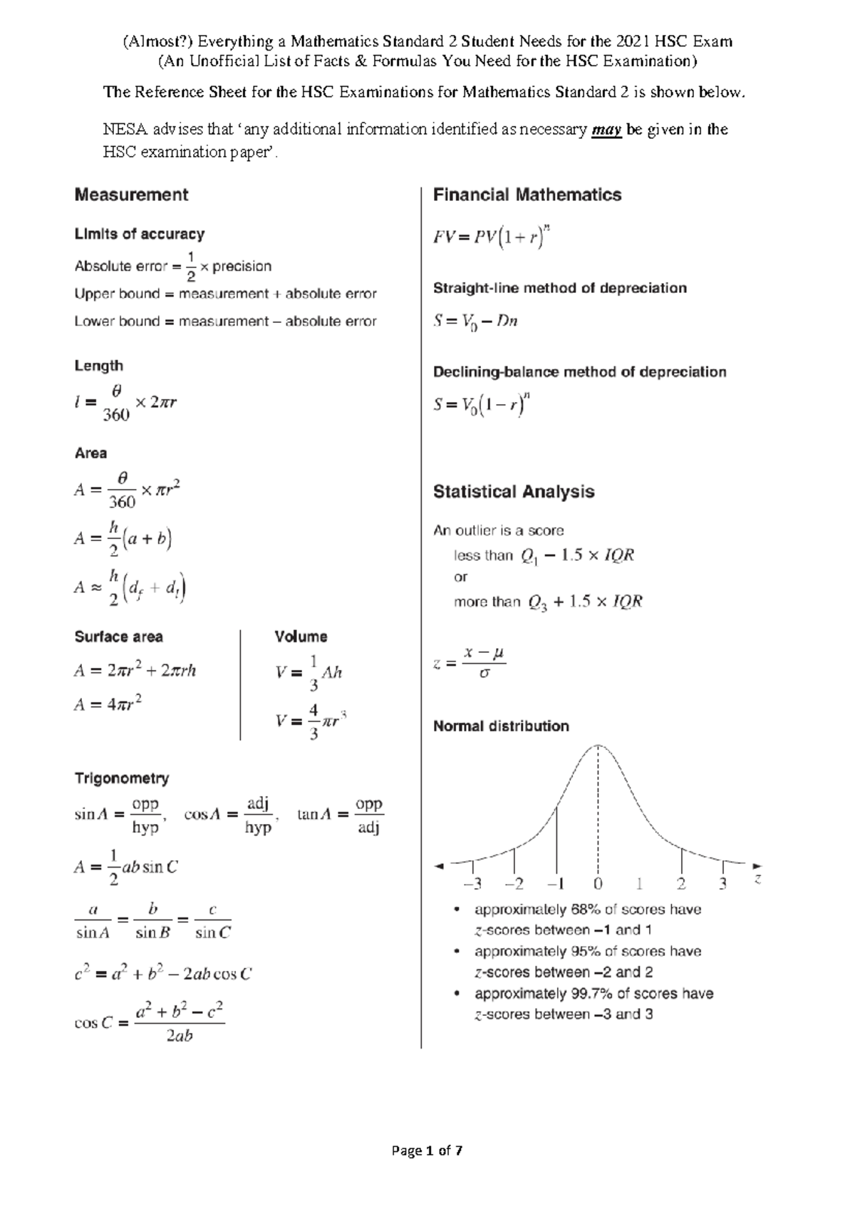 Mathematics Standard 2 HSC Exam Essential Formulas & Facts 2021 - Studocu