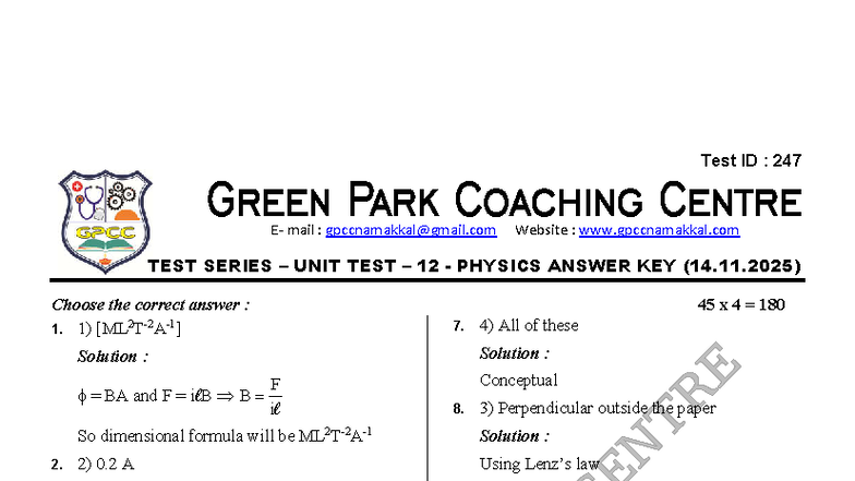 TS26 UN12 Physics Unit Test 12 Answer Key (14.11.2025) - Studocu