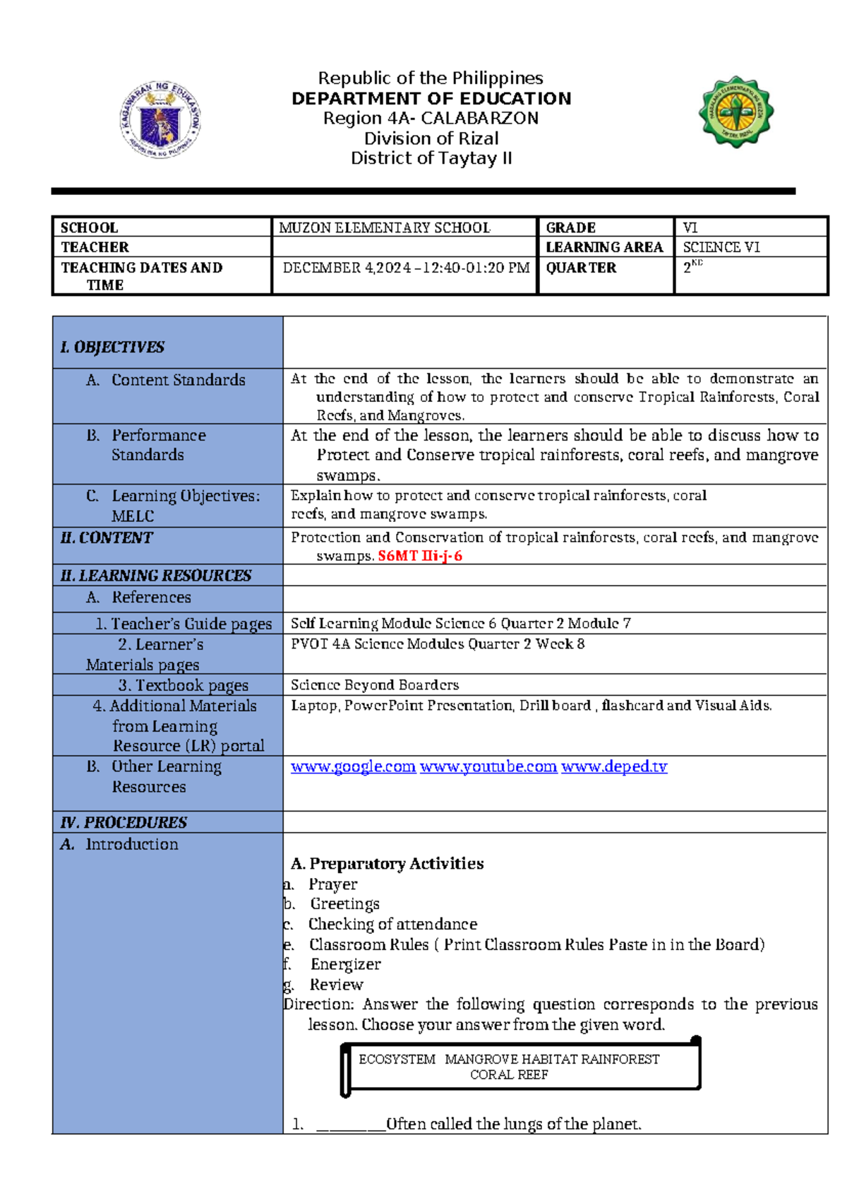 MAM Chinee Science VI Demo Lesson Plan: Protecting Ecosystems - Studocu