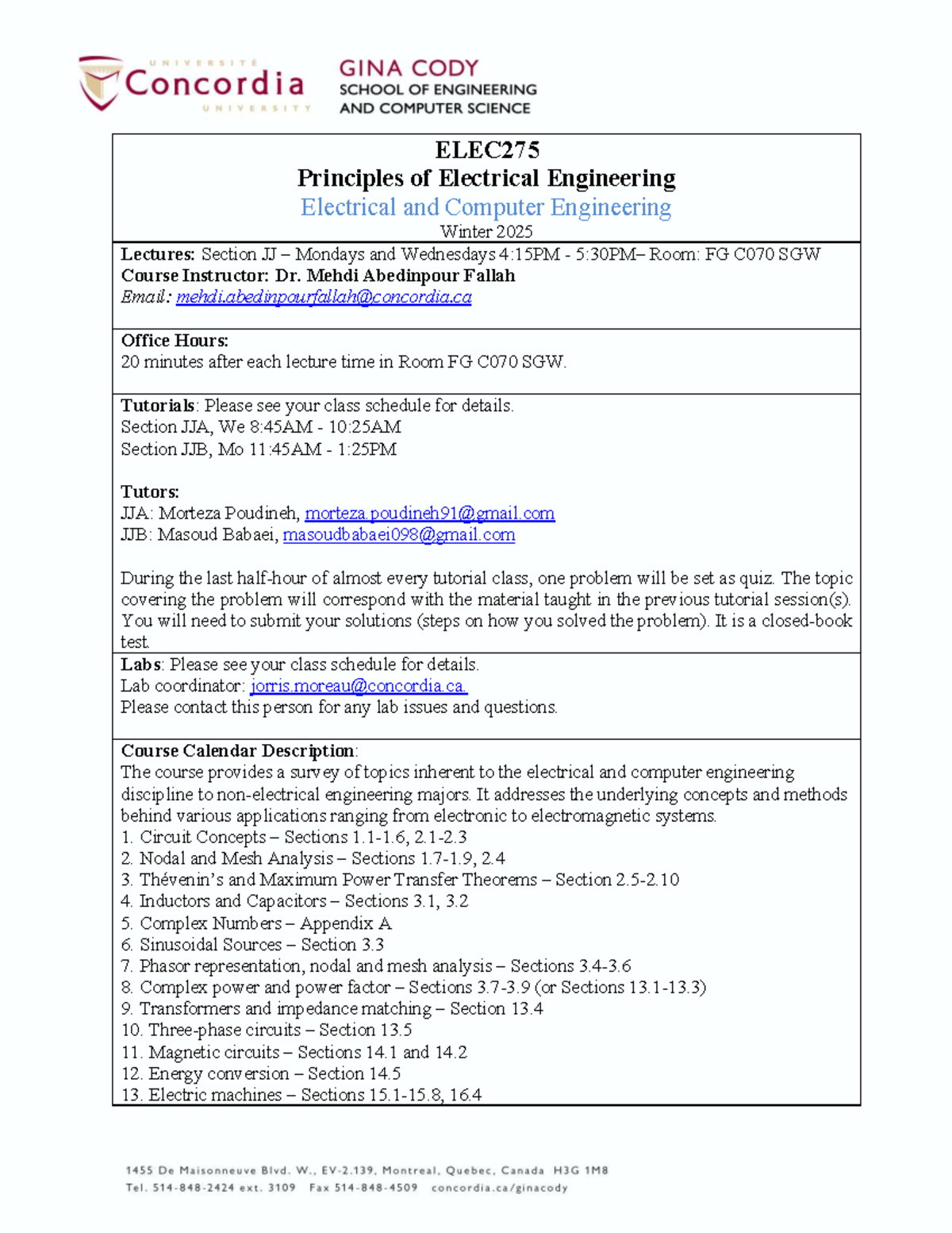 ELEC275 Course Outline: Principles of Electrical Engineering Winter ...