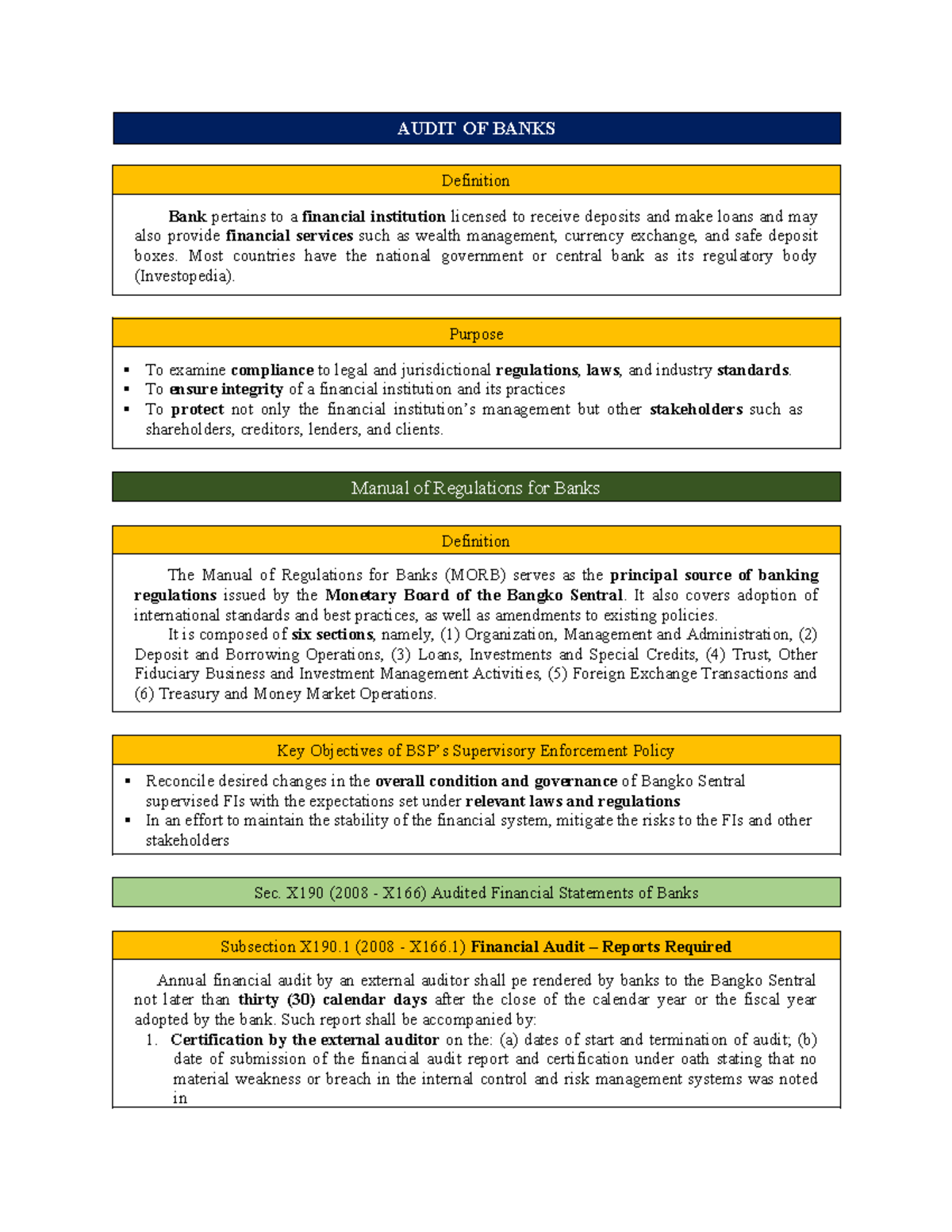 AUDIT OF BANKS: Compliance and Regulatory Framework (PR 64024) - Studocu