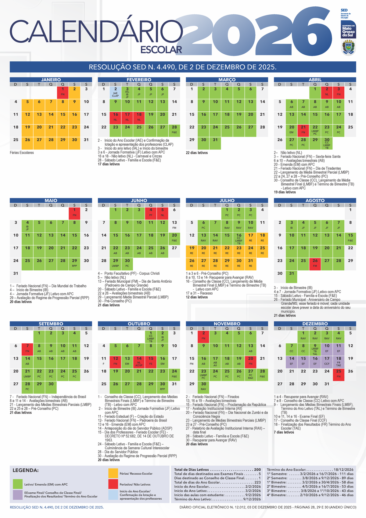 Calendário Escolar 2026 - Resolução SED N. 4.490/2025 - Studocu