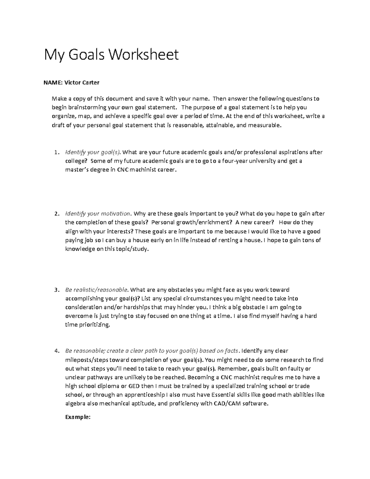 My Goals Worksheet FA 23: Crafting Your Personal Goal Statement - Studocu