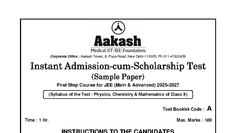 Sample Paper: First Step Course for JEE (Main) - Test Booklet A - Studocu