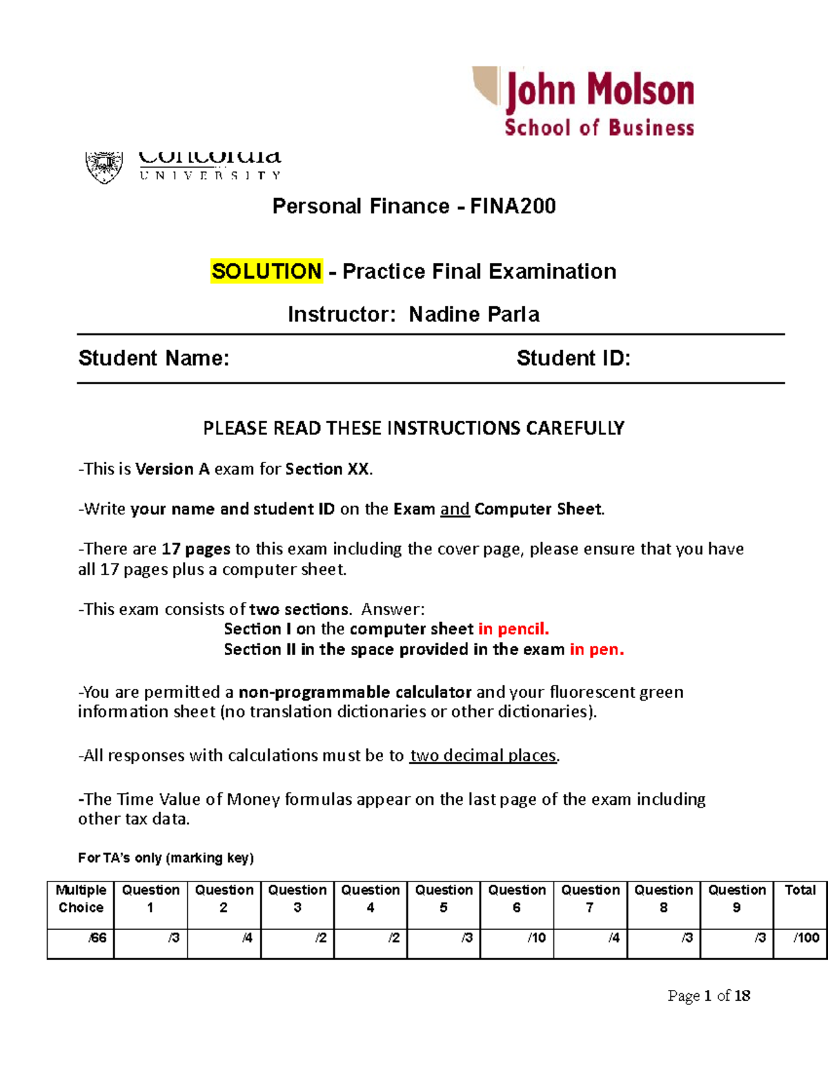 Personal Finance Final Exam Answers Personal Financial Final Exam: