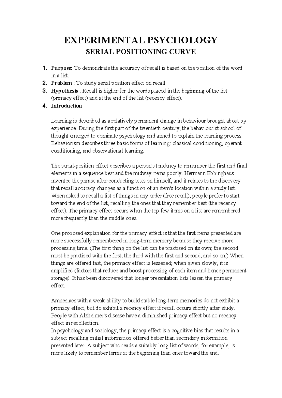 PSY 101 - Experimental Psychology: Serial Positioning Curve Study - Studocu