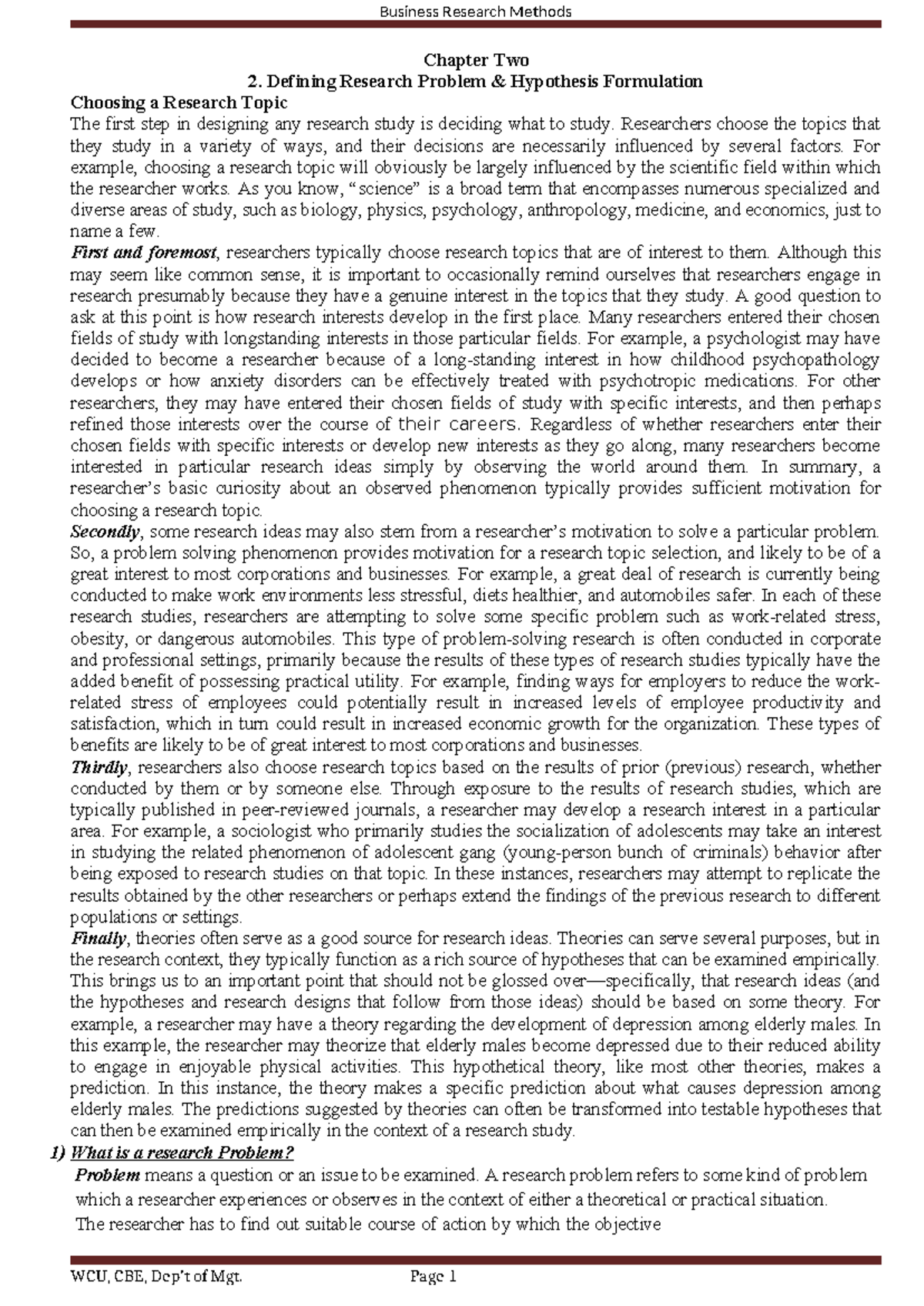 Business Research Methods (WCU, CBE) - Chapter 2: Research Problem ...