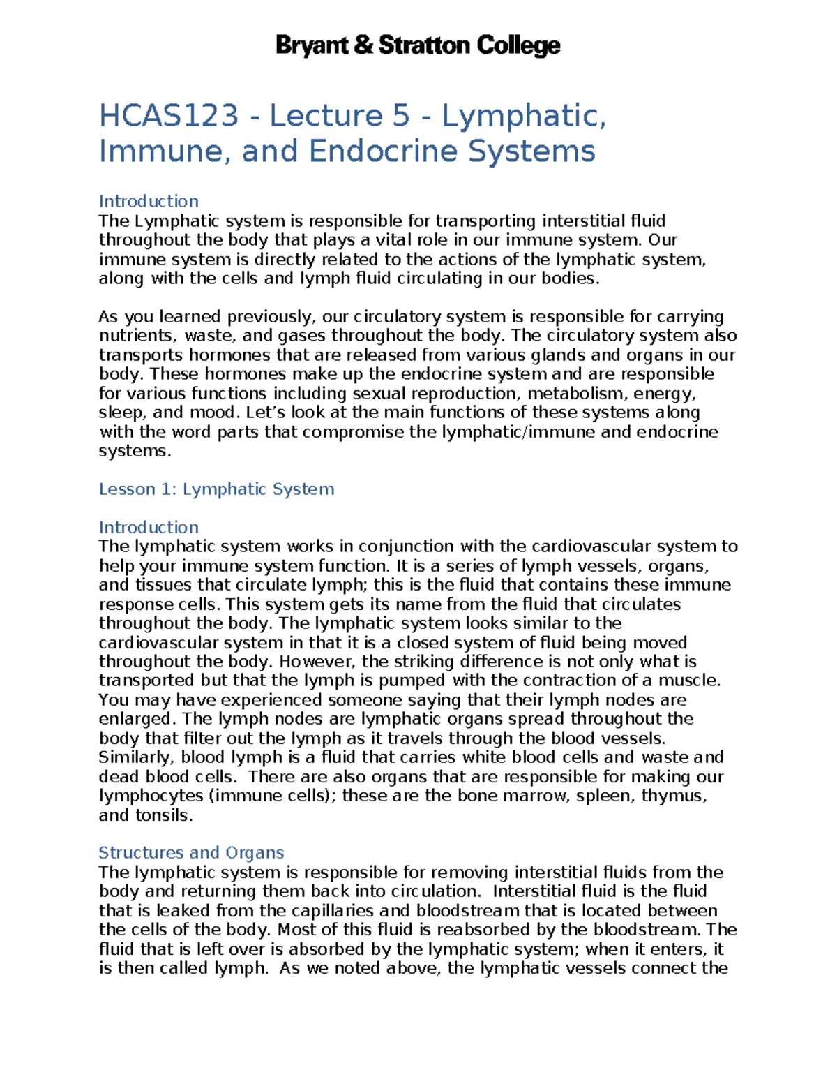 HCAS123 - Lecture 5: Overview of Lymphatic, Immune, & Endocrine Systems - Studocu