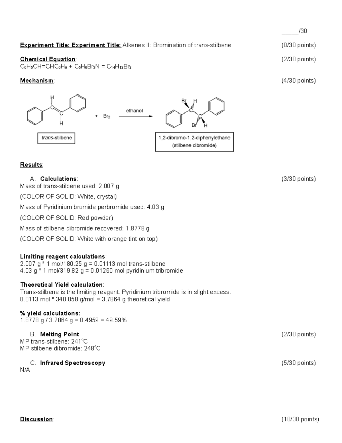 Lab Report 9: Bromination of trans-Stilbene in Alkenes II Experiment ...