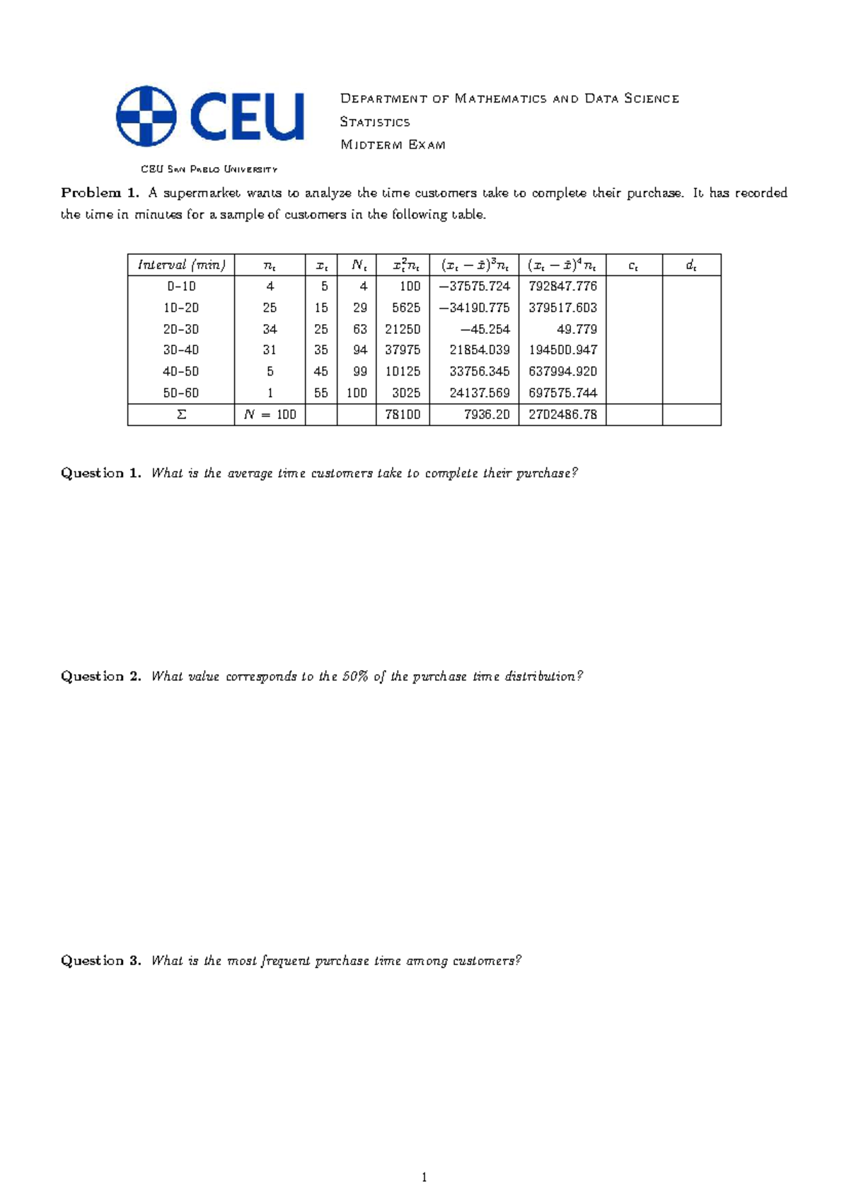 Statistics Midterm Exam CEU: Customer Purchase Time Analysis - Studocu