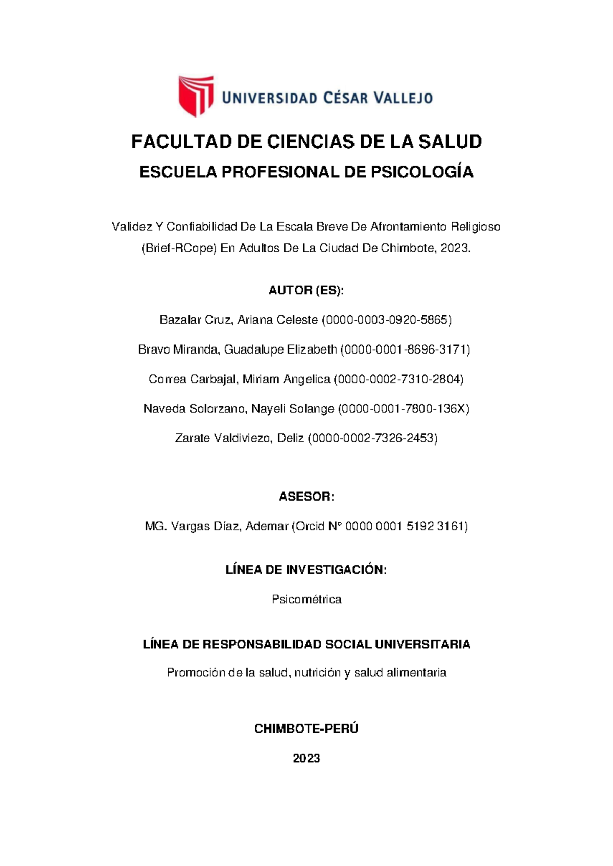 Psicometría Final: Validez y Confiabilidad del Brief-RCope 2023 - Studocu