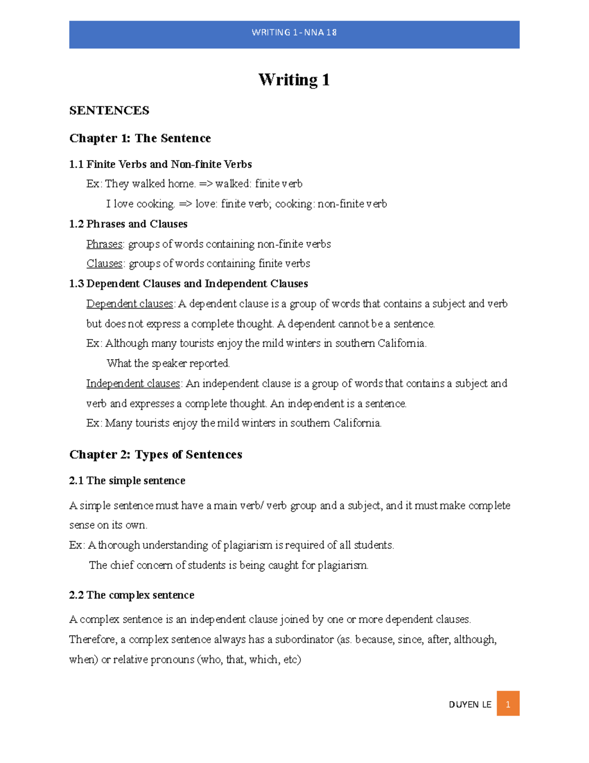 Writing 1 NNA18, P1 - Mastering Sentence Structures and Development ...