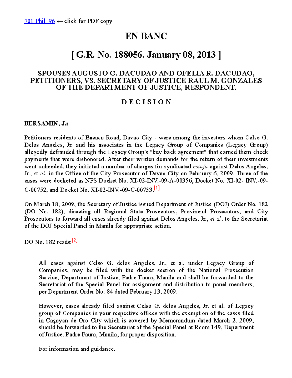 Dacudao v. Gonzales (G.R. No. 188056) - Examining DOJ Order No. 182 ...