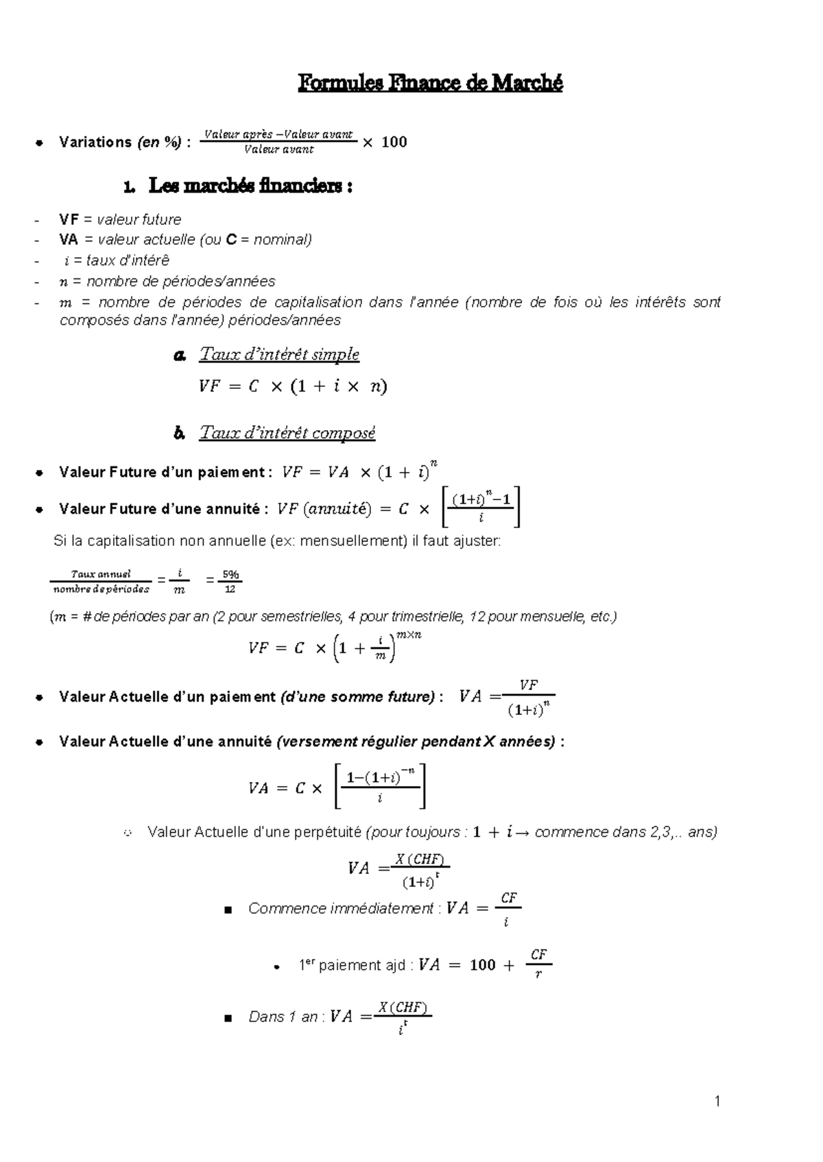Formules de Finance de Marché : Concepts et Calculs Essentiels - Studocu