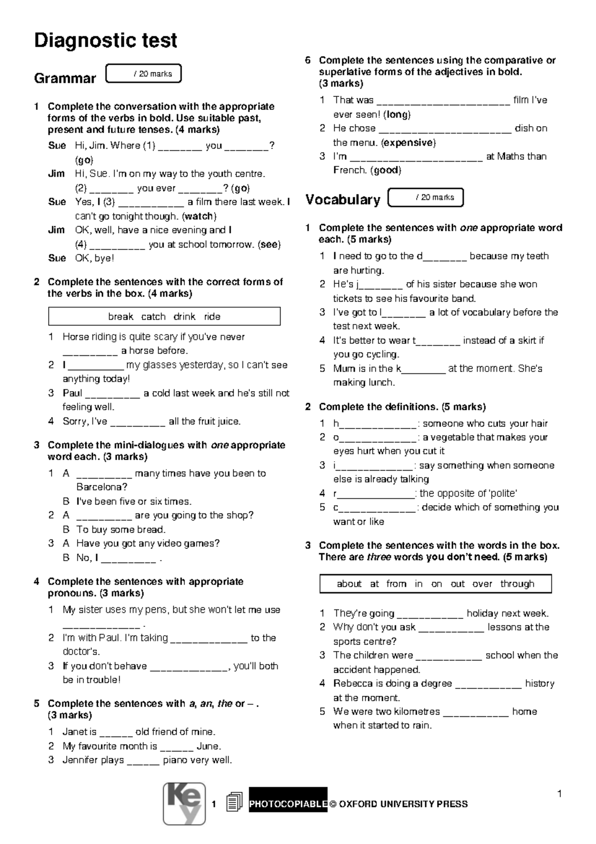 Diagnostic Test Key 1: Grammar, Vocabulary, and Reading Exercises - Studocu