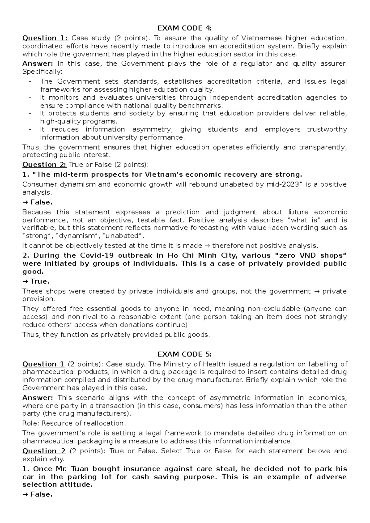 EXAM CODE 4-7: Case Studies & True/False Analysis on Government Roles ...