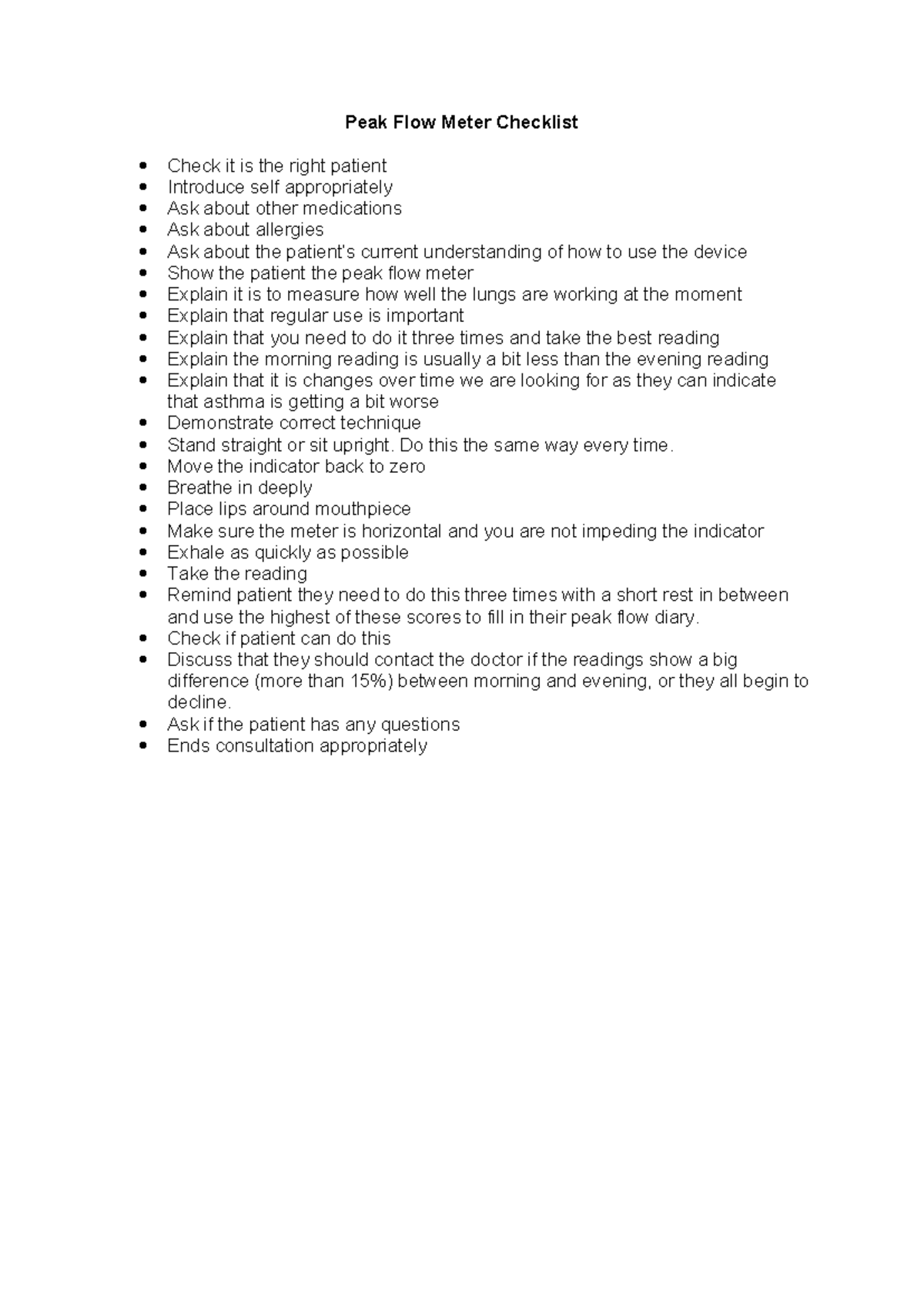 Peak Flow Meter Counselling Checklist for Patient Assessment - Studocu