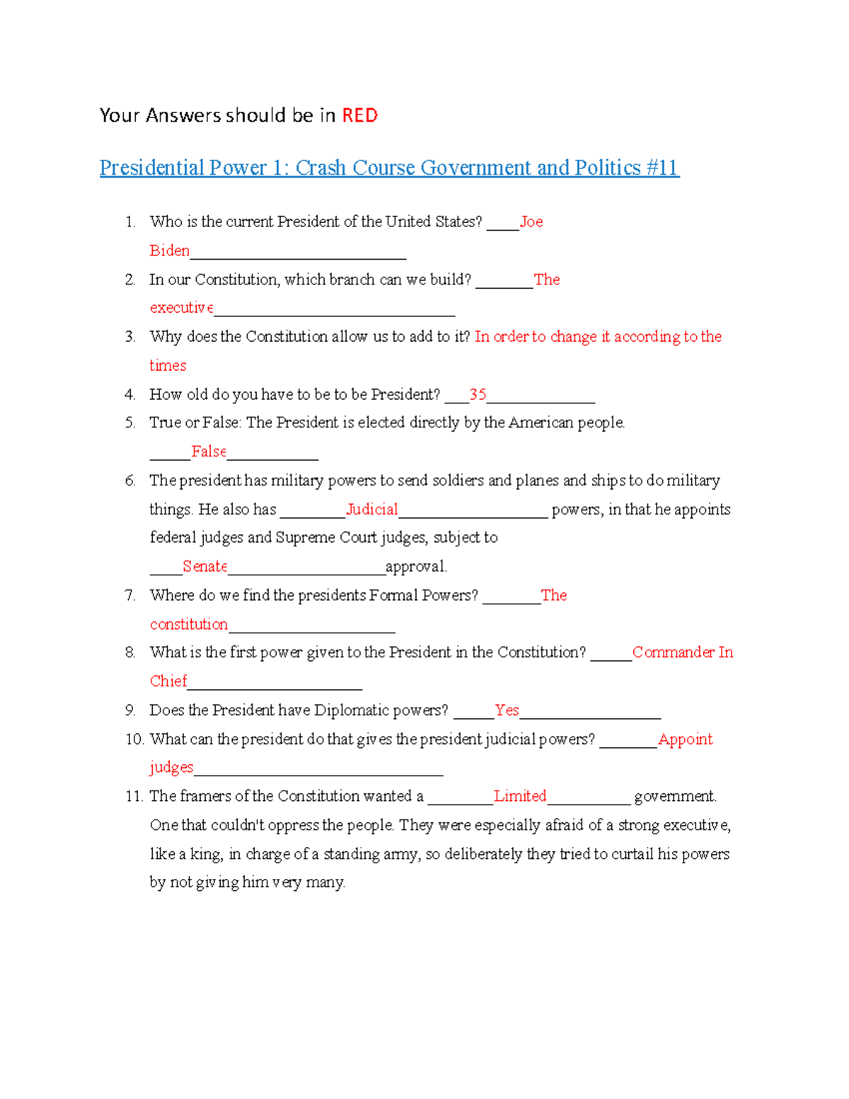 Crash Course #11: Presidential Power Overview and Key Points - Studocu