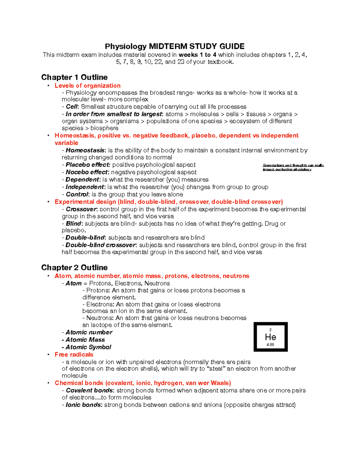 Midterm Study Guide Physio - Physiology MIDTERM STUDY GUIDE This midterm exam includes material ...