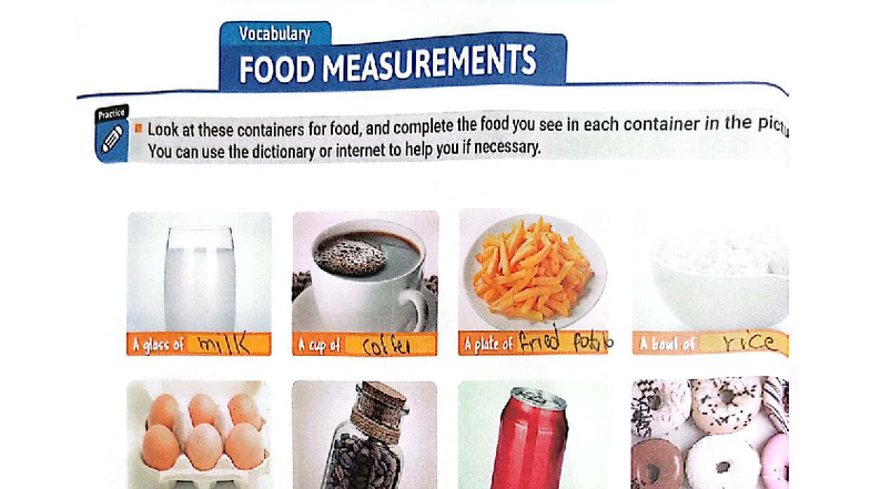 Vocabulary FOOD MEASUREMENTS Practice - Containers and Quantities - Studocu