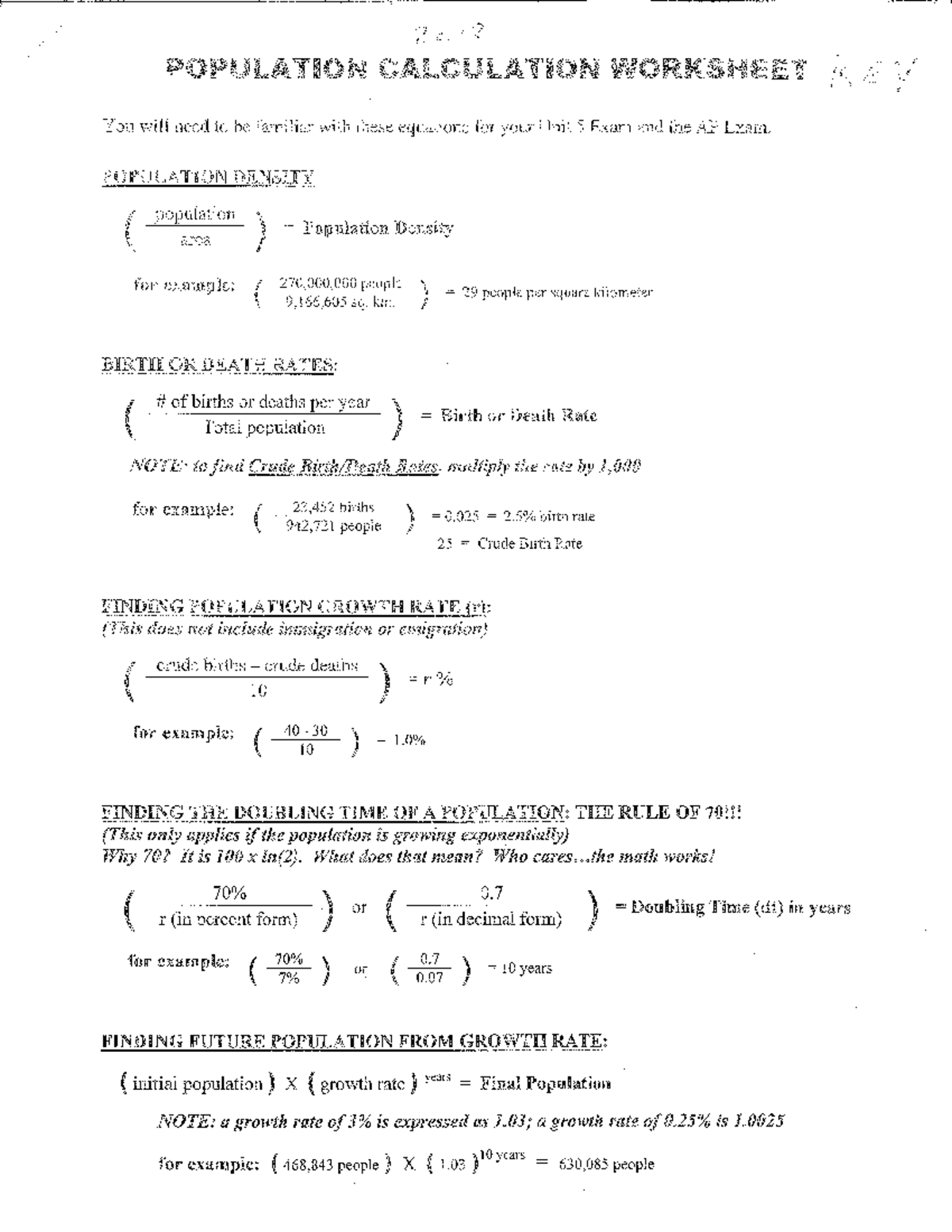 Population Calculations Worksheet Key for Unit 5 Exam - Studocu