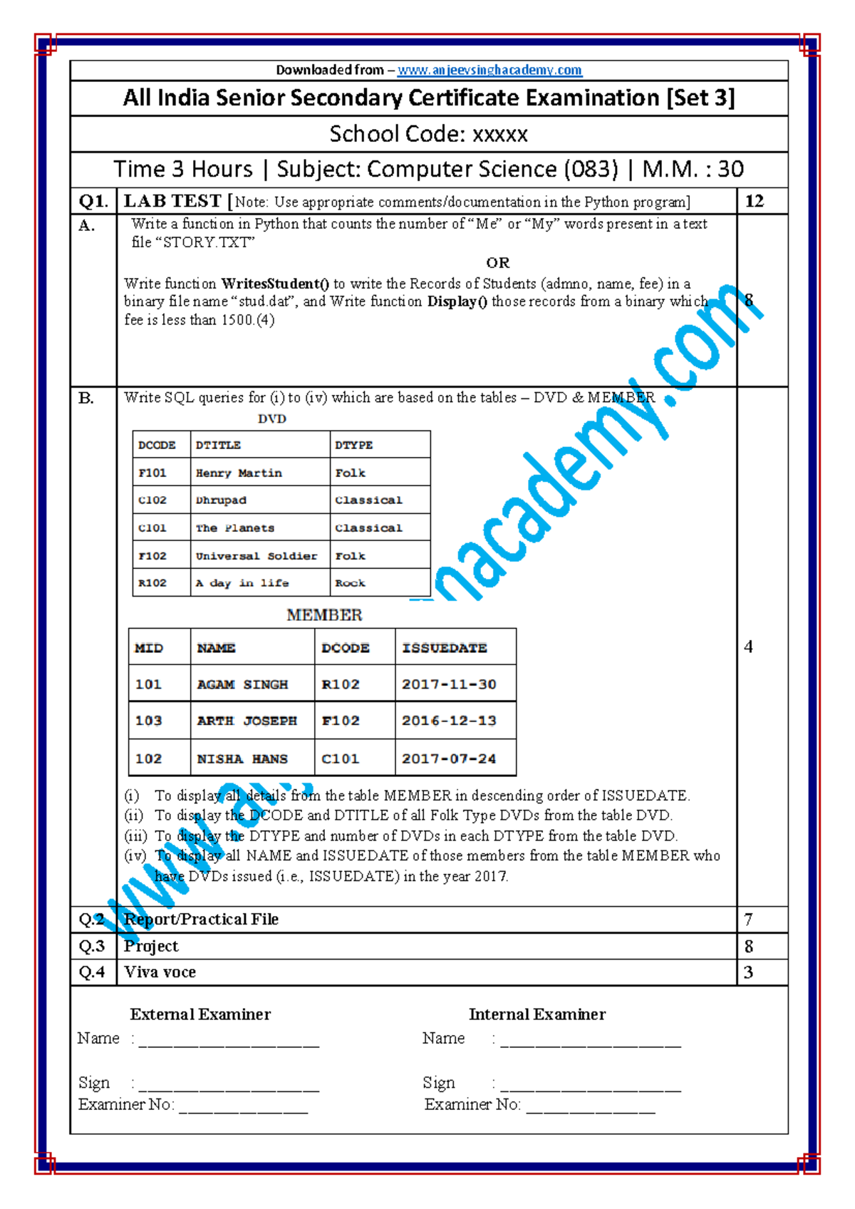 Computer Science Practicals QP-3 (Subject Code: 083) - Studocu