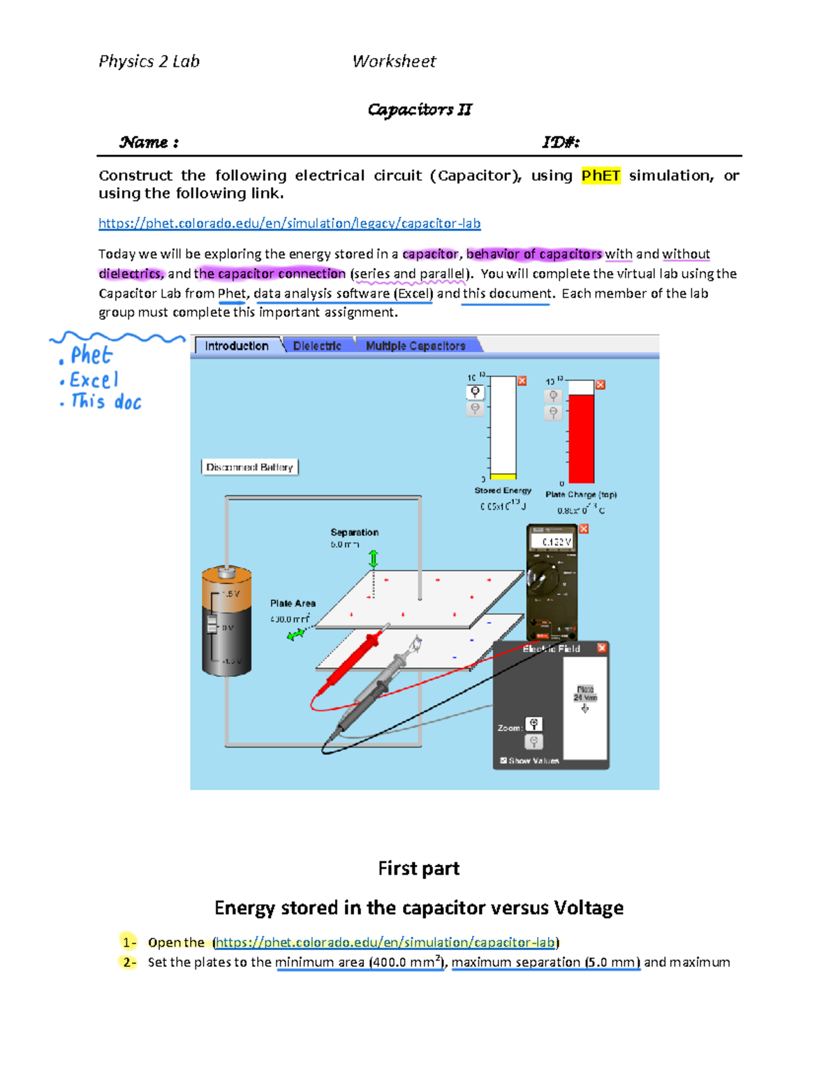 Capacitor II Lab Worksheet B: Exploring Energy & Dielectrics - Studocu