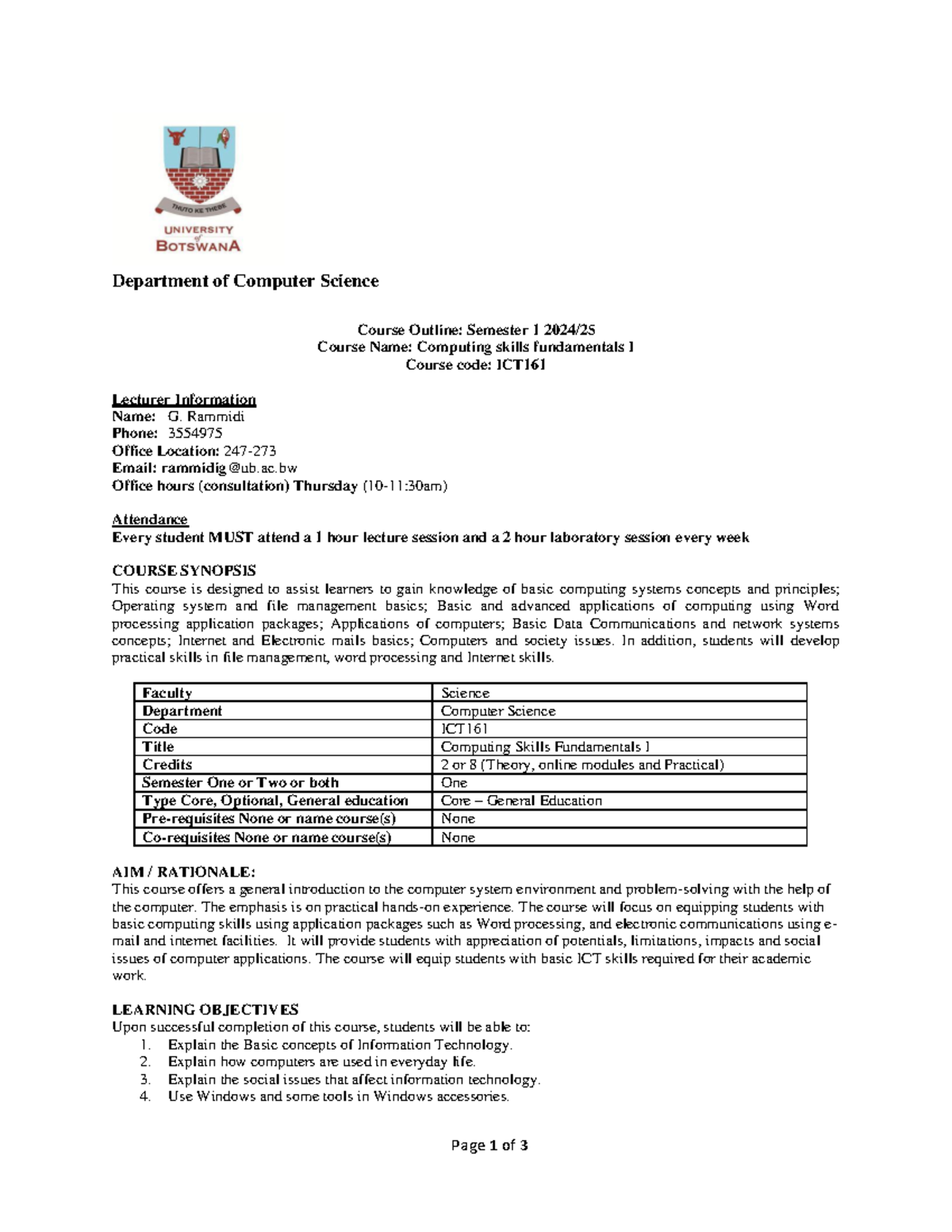 ICT161 Course Outline: Computing Skills Fundamentals I 2024 - Studocu