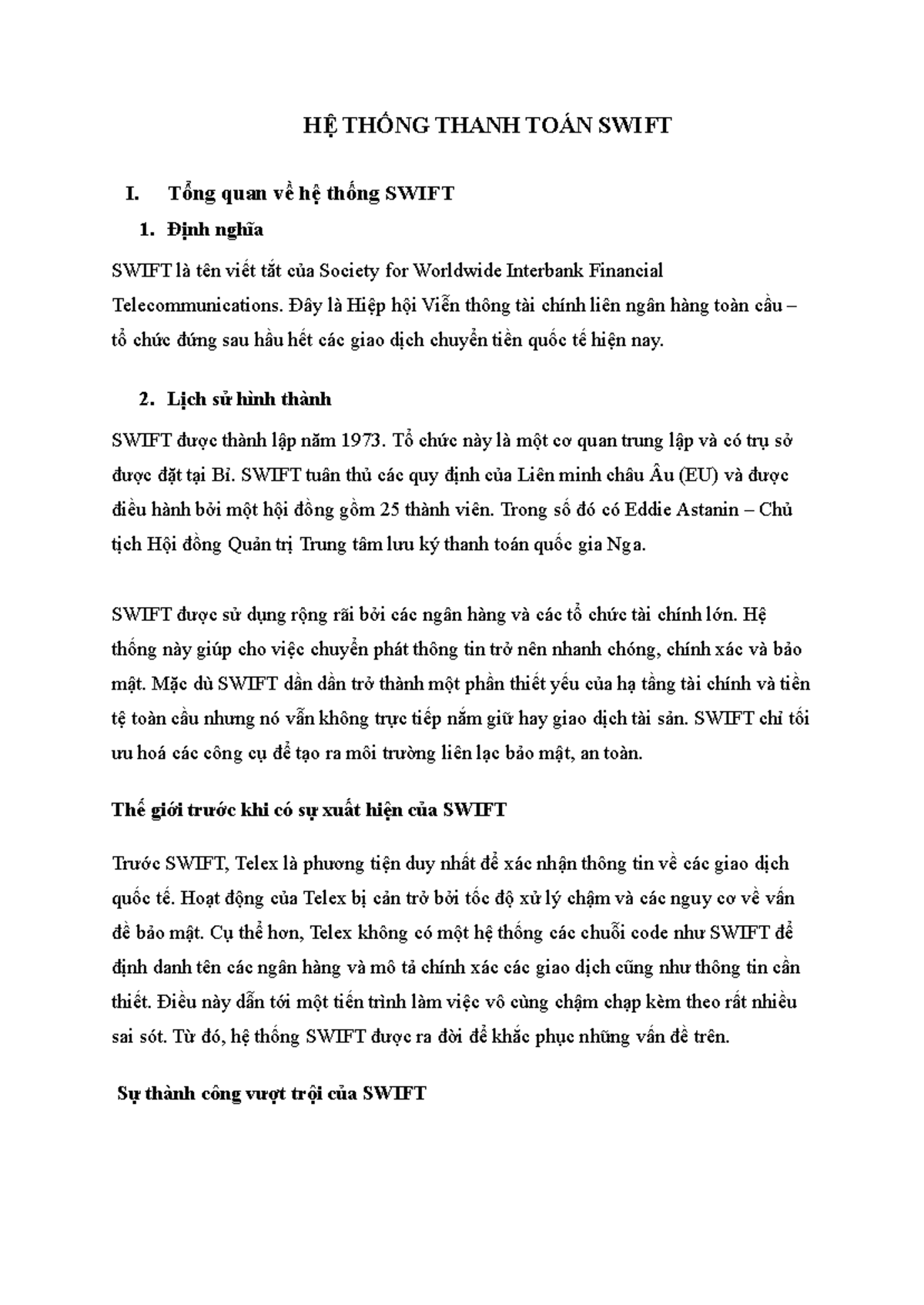 Hệ Thống Thanh Toán Quốc Tế SWIFT: Đặc Điểm và Ứng Dụng - Studocu