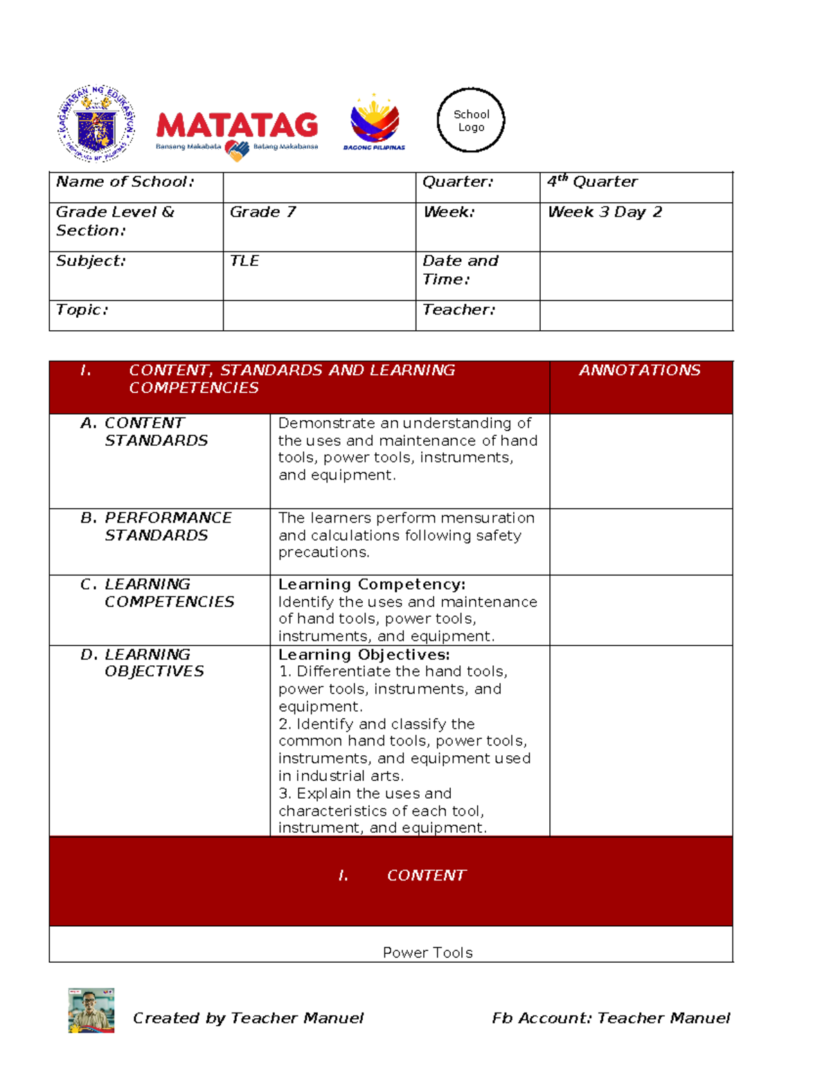 TLE7 Q4 W3 D2 - TLE - Name of School: Quarter: 4 th Quarter Grade Level ...