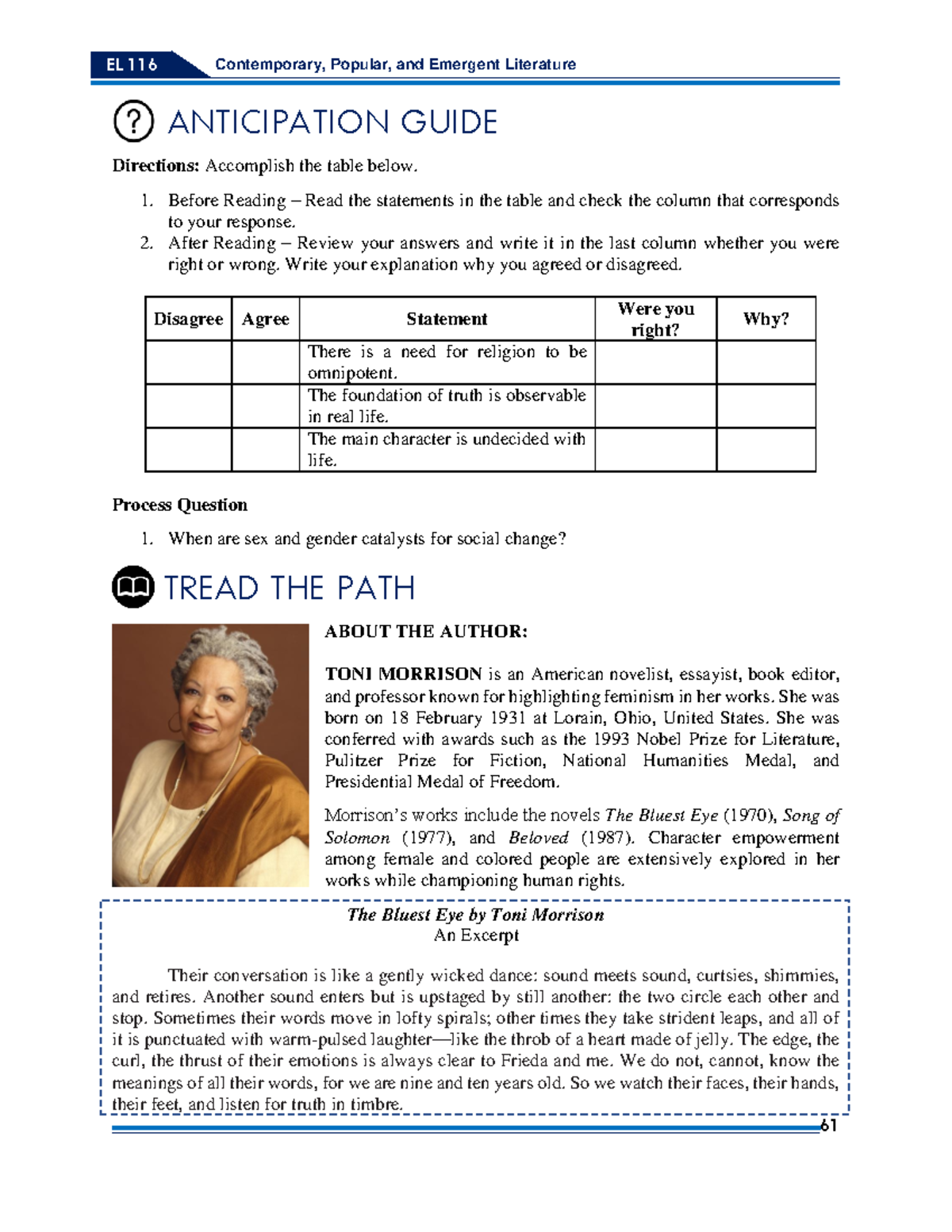 Beloved by Toni Morrison - ANTICIPATION GUIDE Directions: Accomplish ...