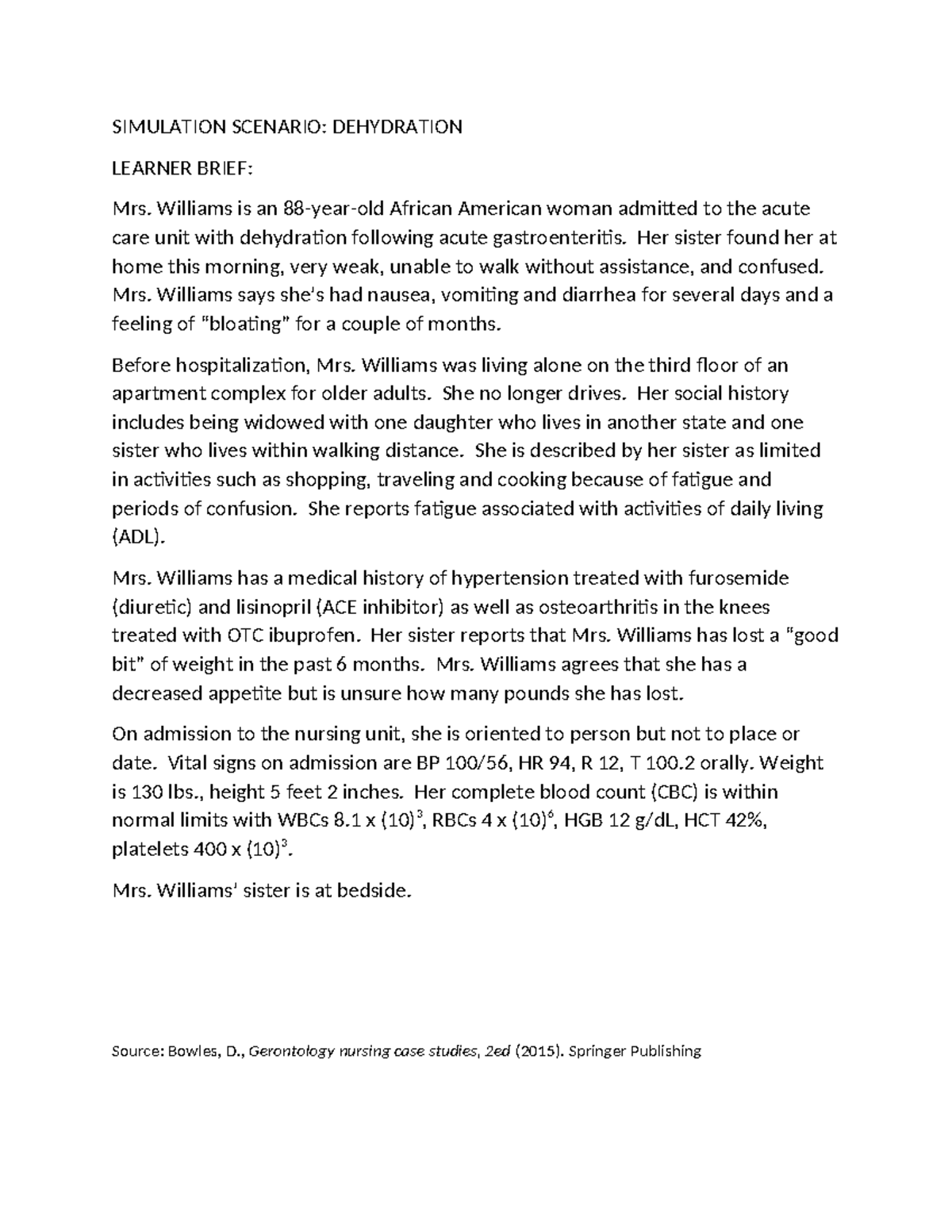 Dehydration Simulation Scenario: Mrs. Williams Case Study Analysis - Studocu