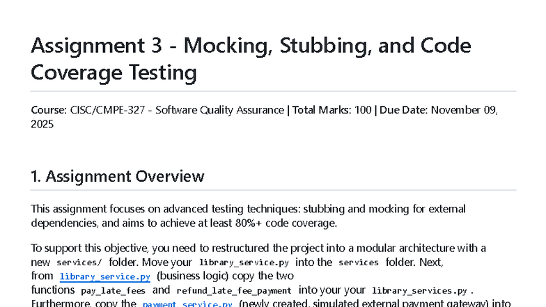 Assignment 3: Mocking, Stubbing & Code Coverage Testing - CISC327-F25 ...