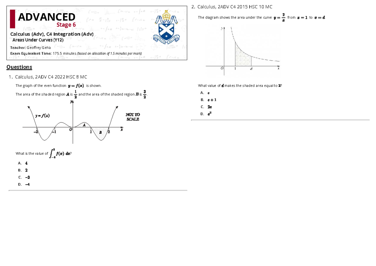 Calculus 2ADV C4 Area Under Curves - Chapter 5 Maths Advanced - Studocu