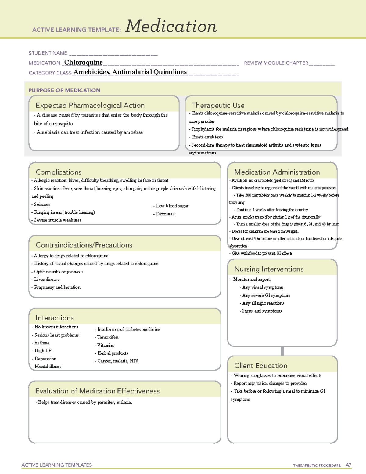 Chloroquine - Active Learning Template for Therapeutic Procedures - Studocu
